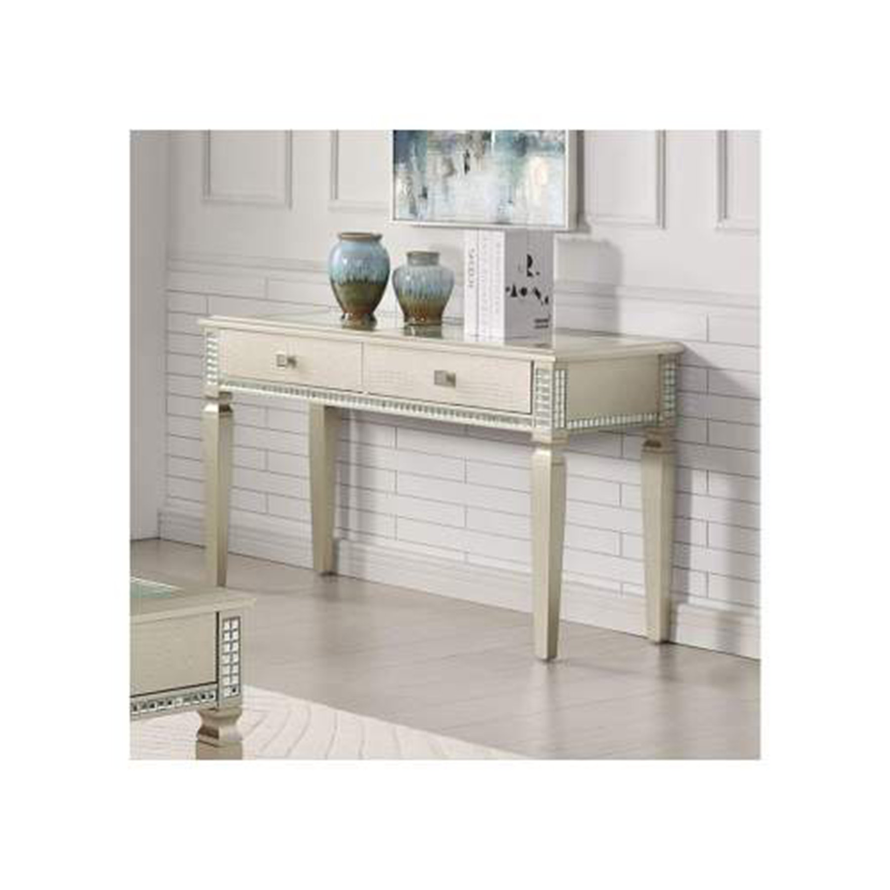 Everly Quinn Silver Glam Sofa Table With Tempered Glass Top And Diamond ...