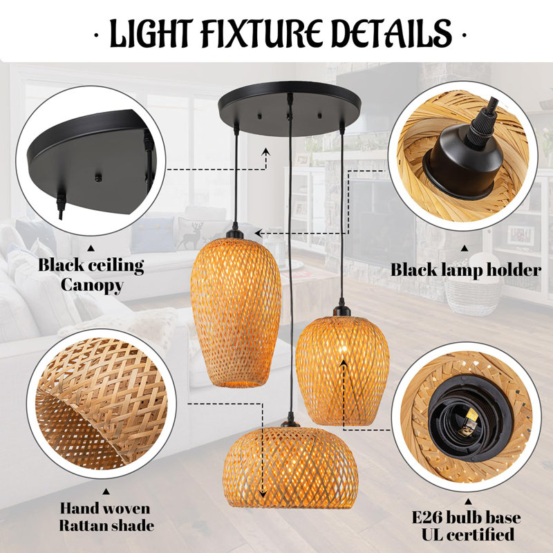 Bay Isle Home™ Rattan Pendant Light Bamboo Hanging Light 3-Lights Boho ...