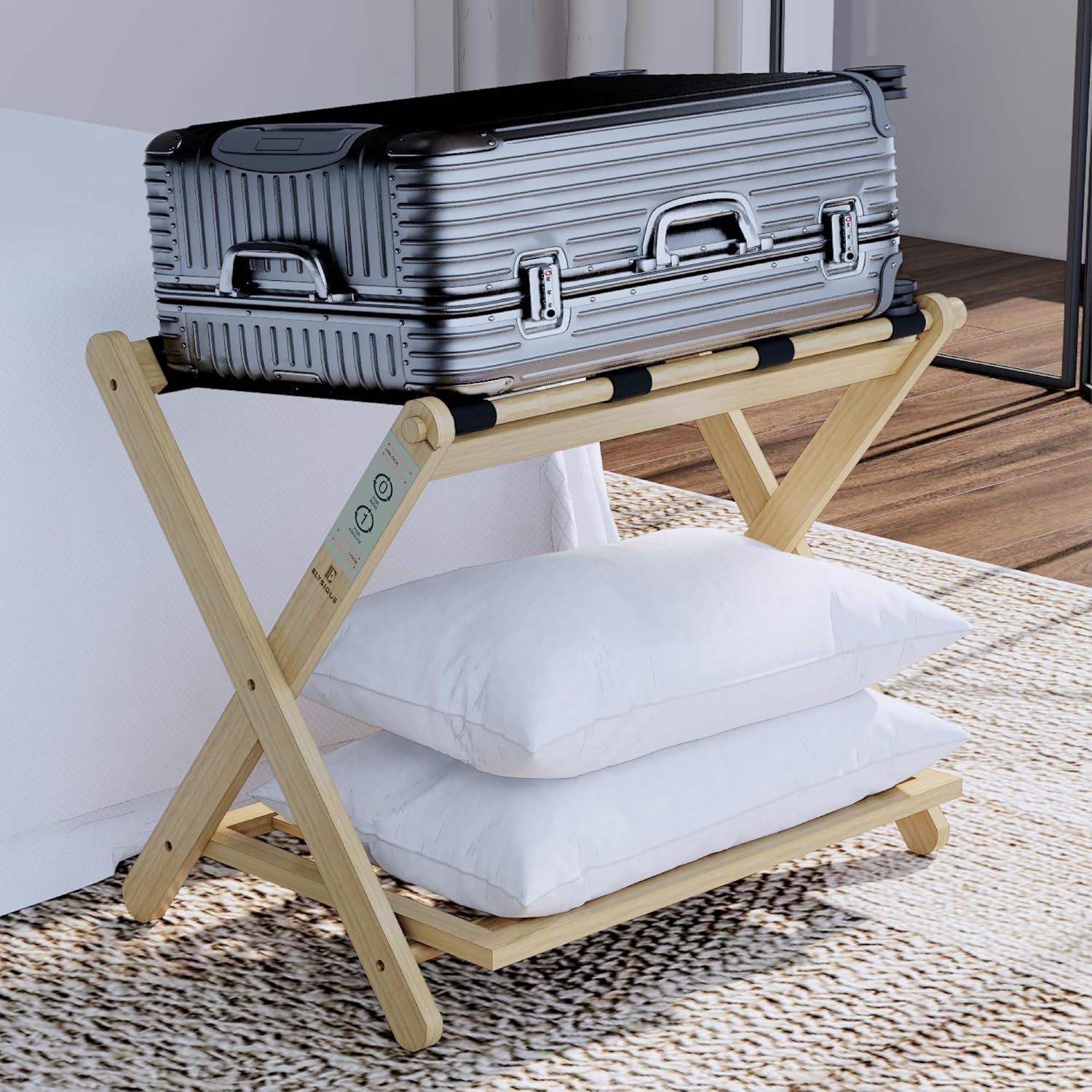 MEBROT Height Adjustable Luggage Rack, Fully Assembled Bamboo Suitcase ...