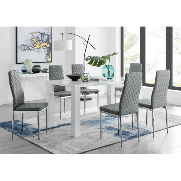 East Urban Home Eubanks High Gloss 6 Seat Rectangular Dining Table Set ...