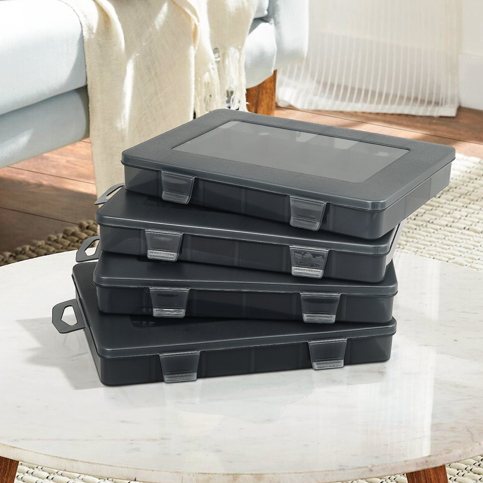 Rebrilliant 4-Pack Clear Plastic Grid Storage Boxes With 18 Adjustable ...