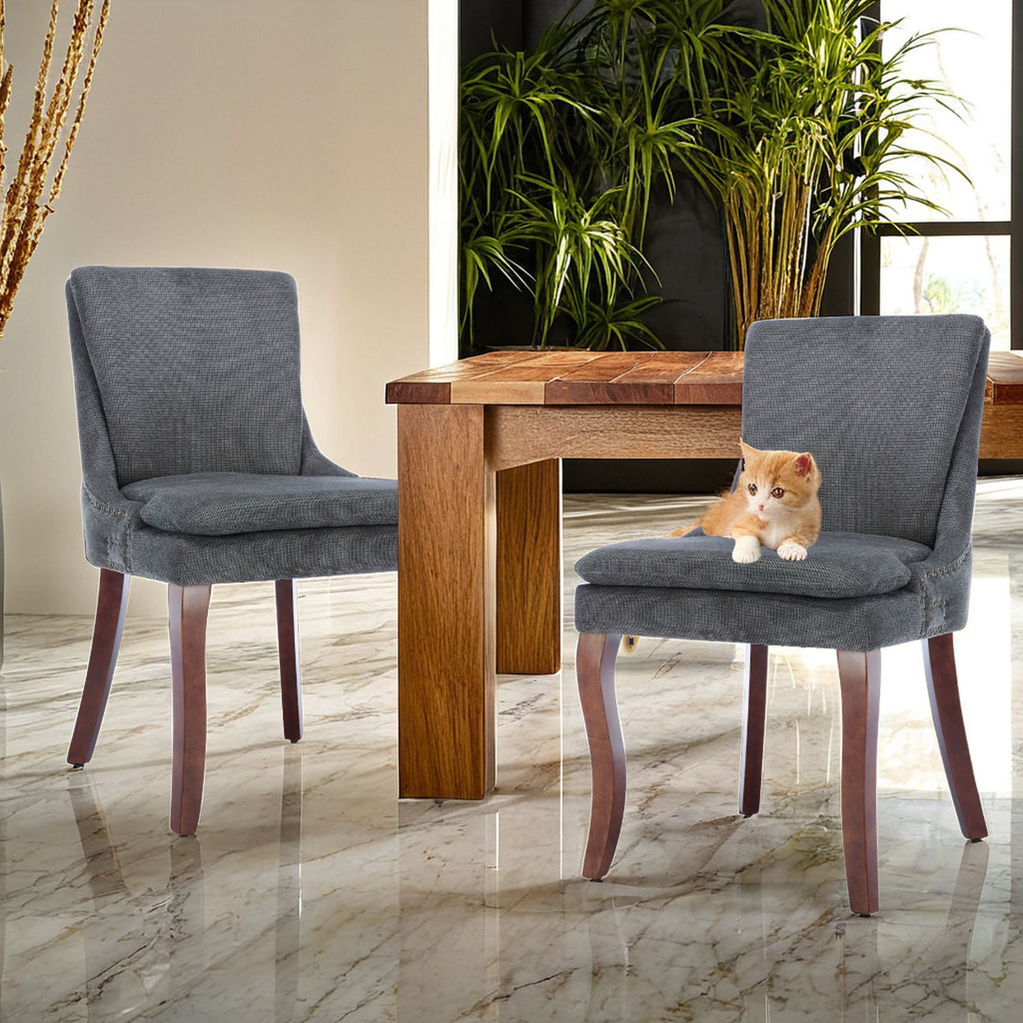 Lark Manor Chenille Double-Layer Cushioned Dining Chairs Mid Back Wood ...