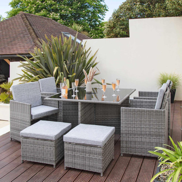 17 Stories 8 Seater Rattan Cube Outdoor Dining Set - Grey Weave with ...
