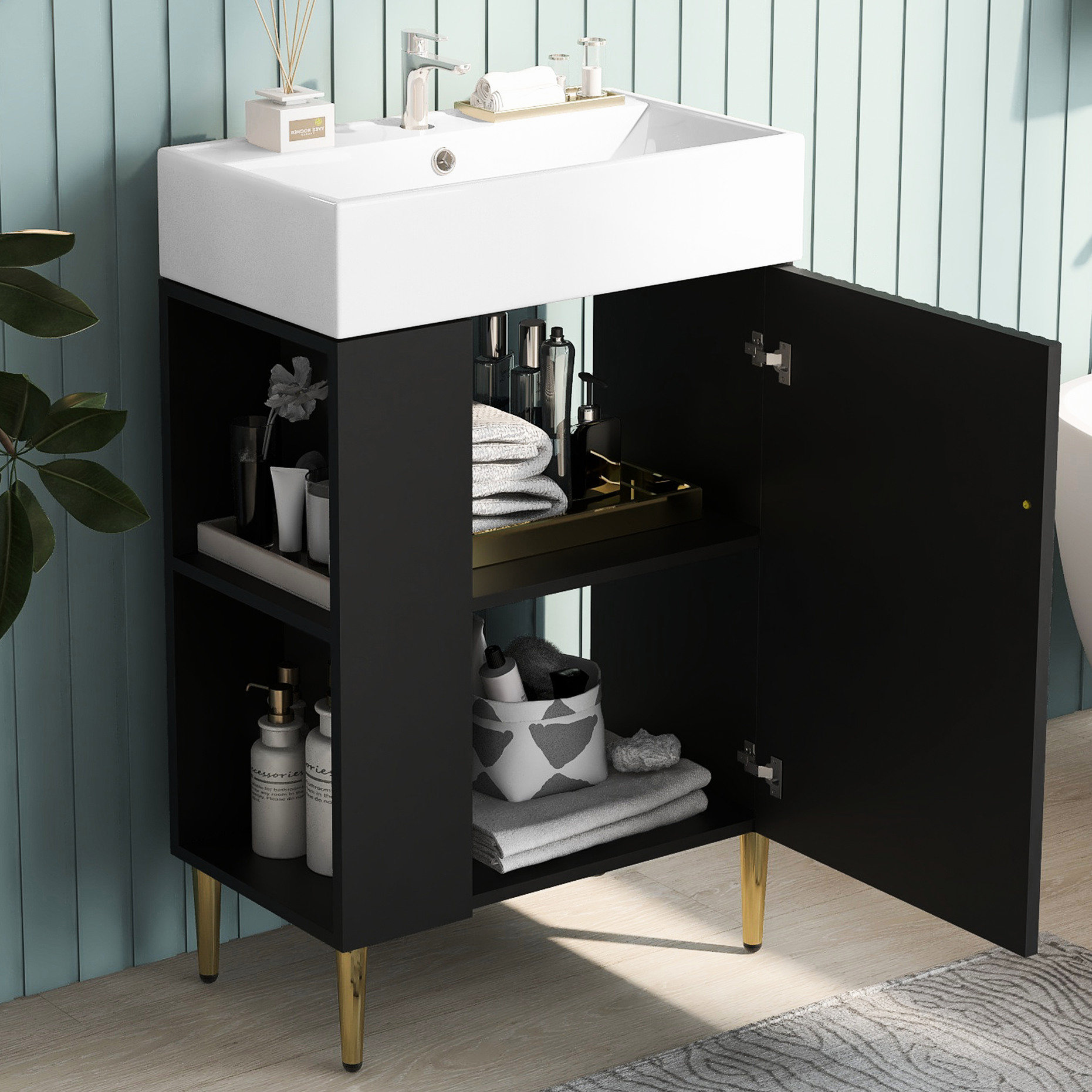 Ebern Designs Modern Black Bathroom Vanity, Ceramic Wash Basin, Side ...