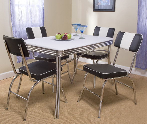 Ebern Designs Birmingham 5 Piece Retro Dining Set with Chrome and Black ...