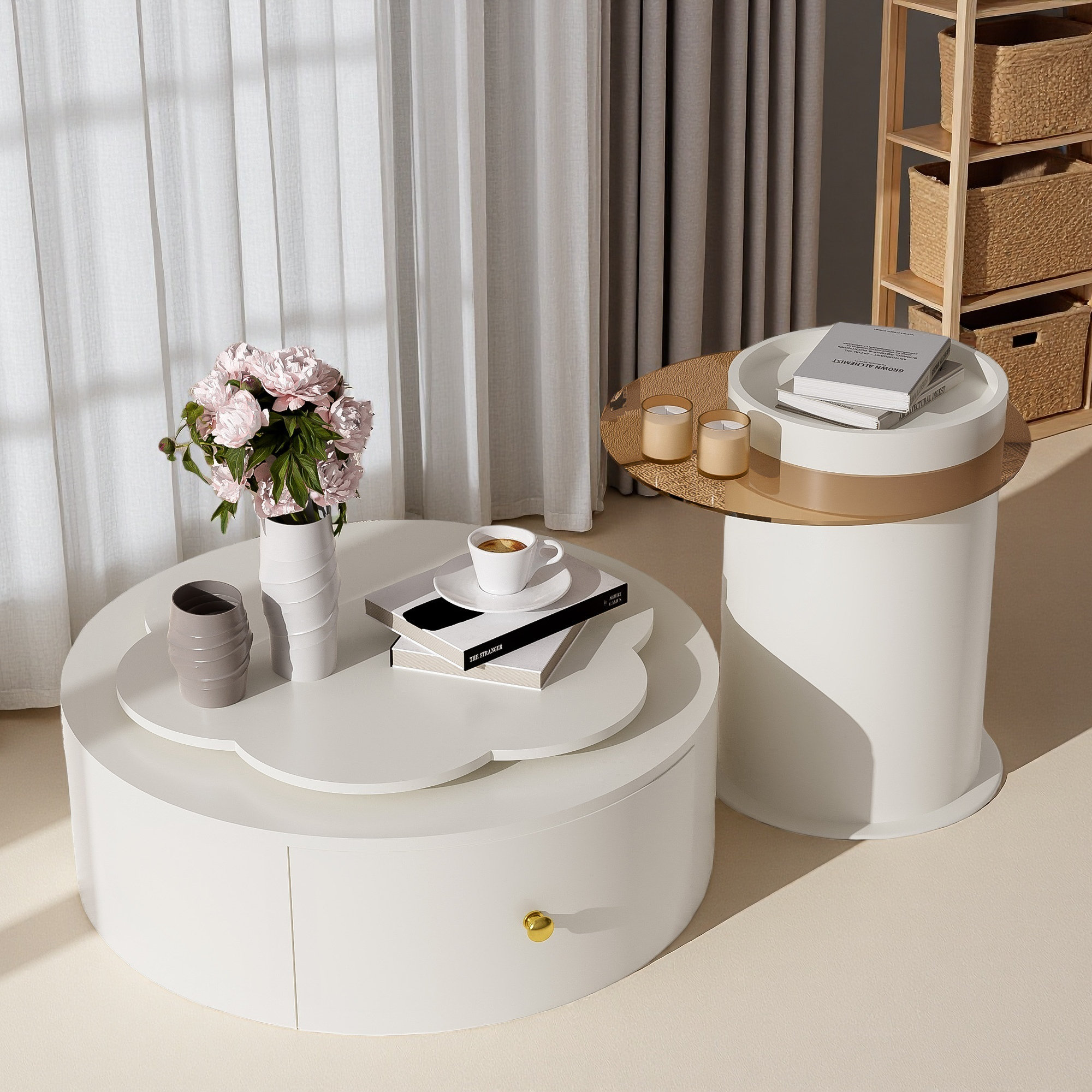 Ivy Bronx Modern Round Coffee Table Set Of 2 , 360-Degree Rotatable ...