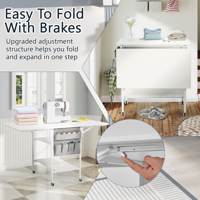 EROMMY Foldable Craft Table With Storage, Movable Sewing Table With 2 ...