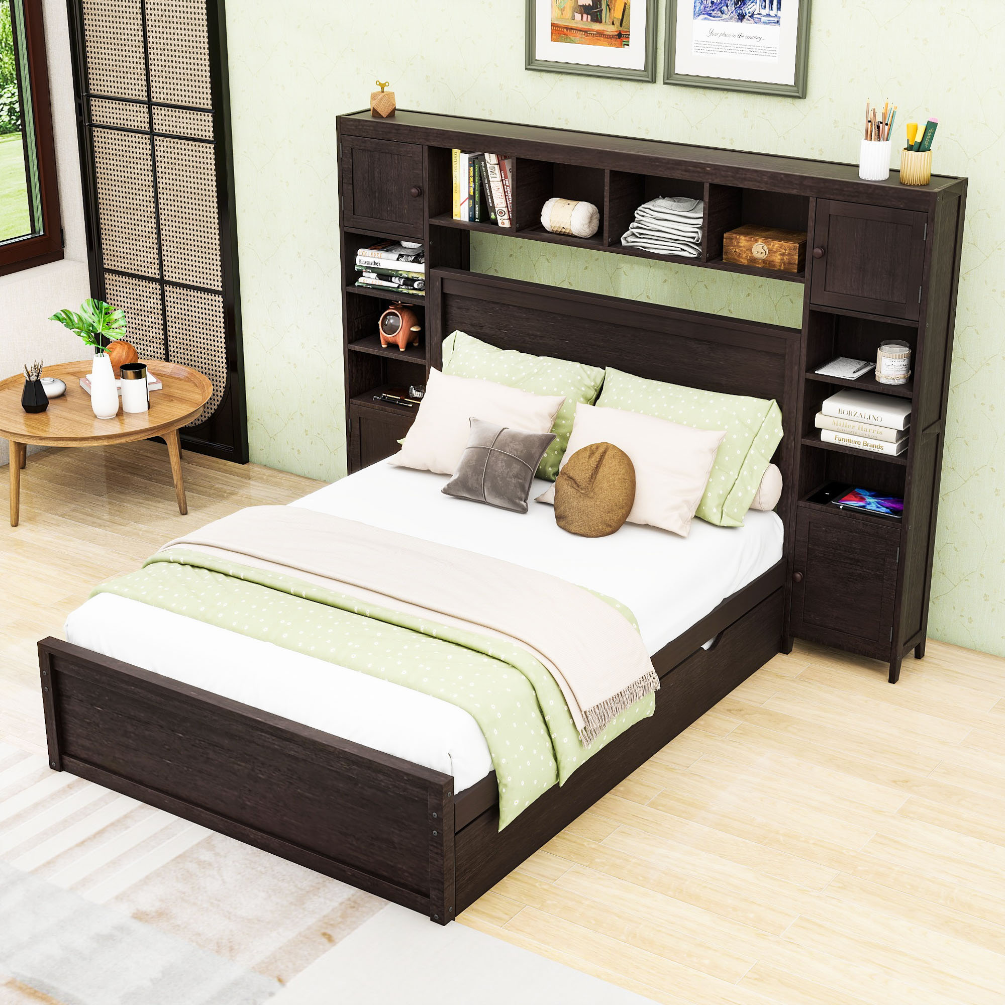 Lark Manor Lit plateforme en bois avec prises intégrées et amplement de rangement - Wayfair Canada