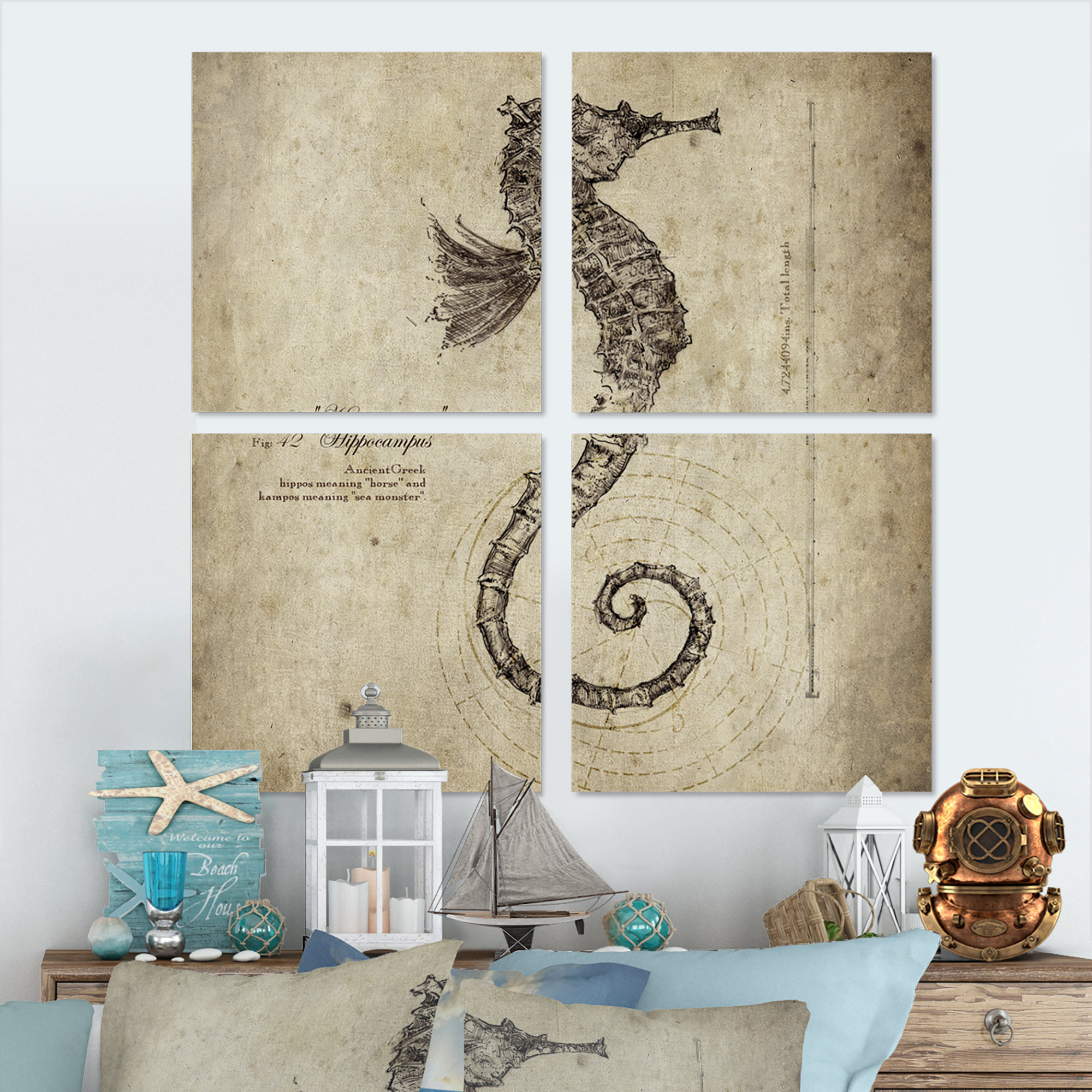 Rosecliff Heights " Seahorse Old Style Sketch " 4 - Pieces Painting ...
