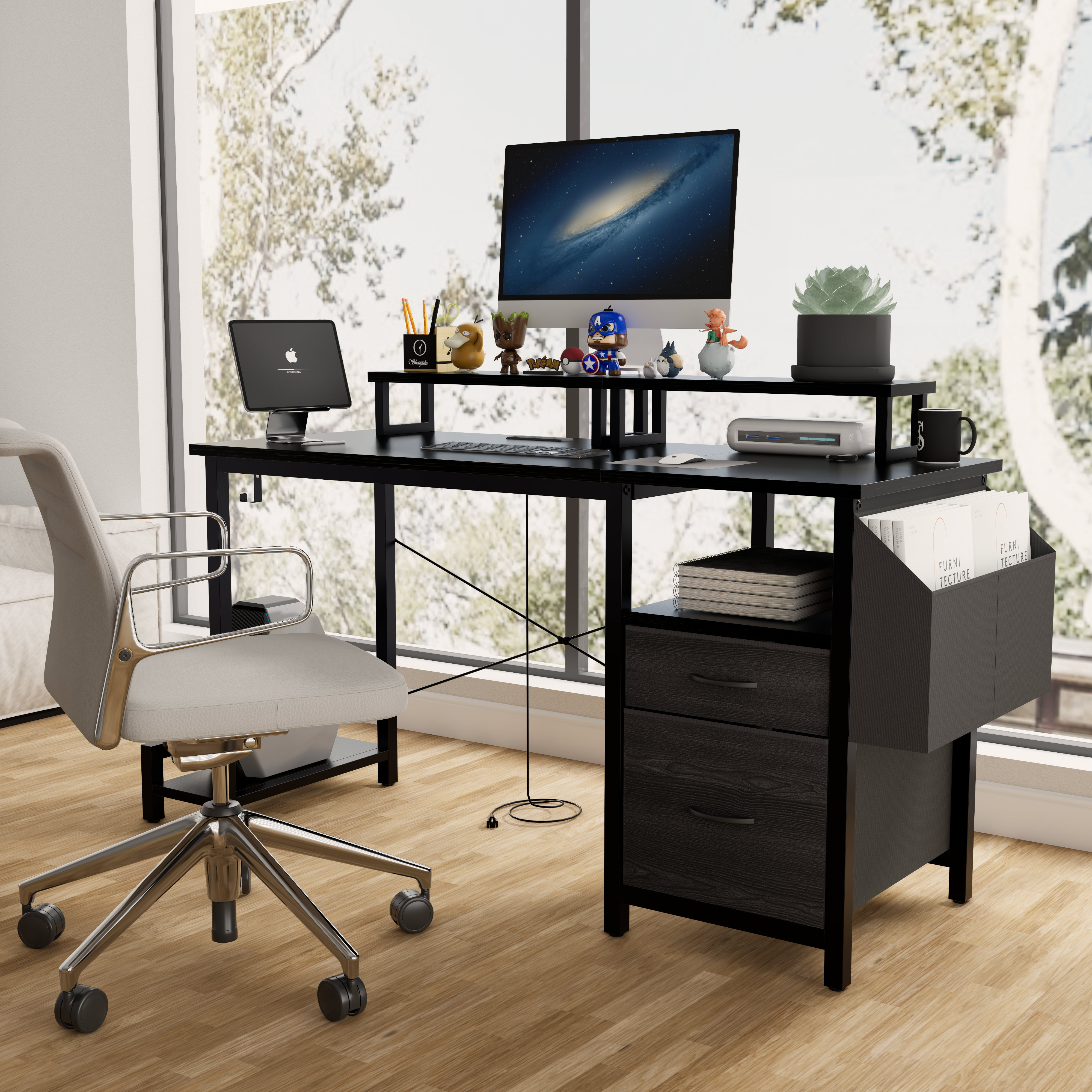 Inbox Zero 47.3"Office Desk With Power Outlet,2 Monitor Stands,2 ...