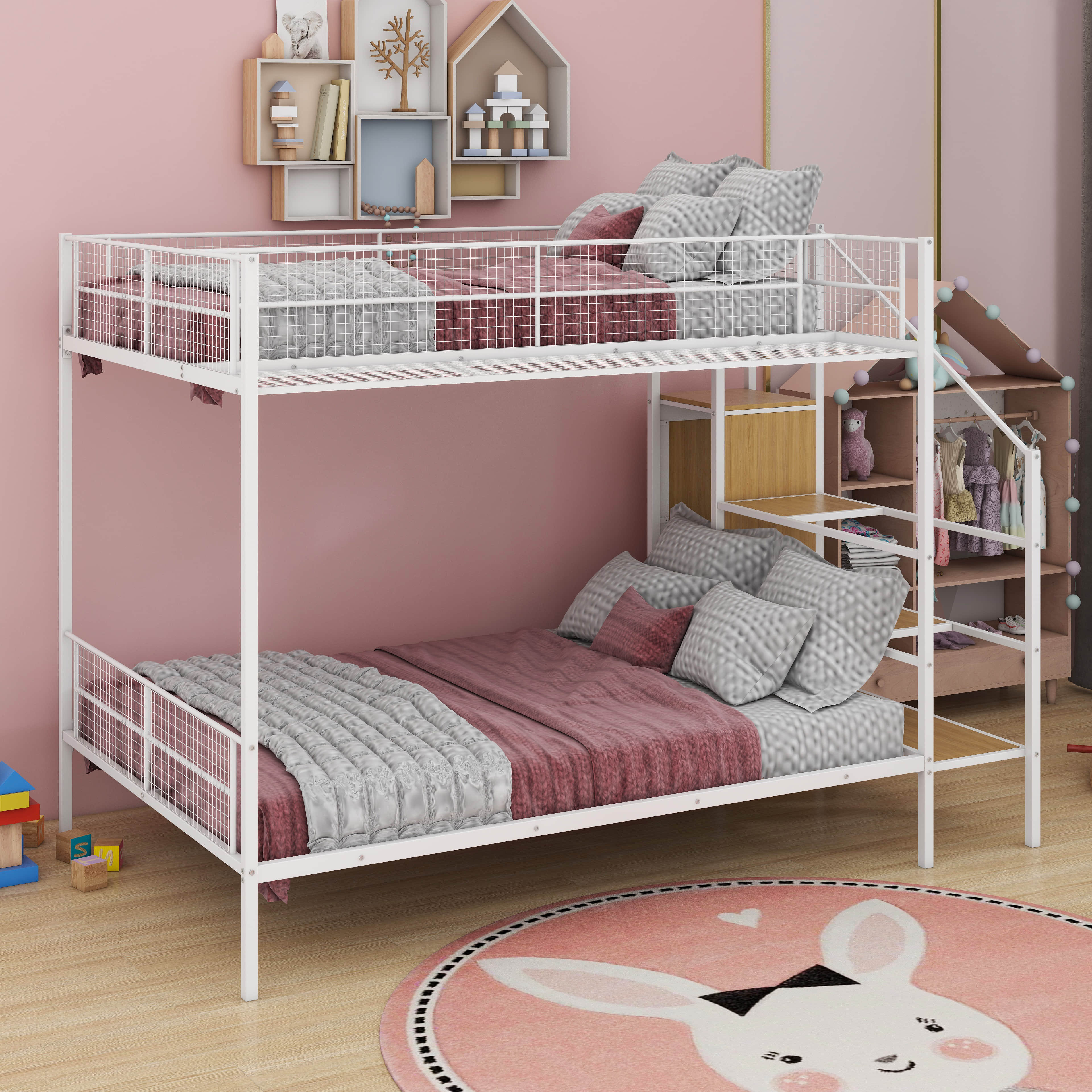 Mason & Marbles Twin Over Full Metal Bunk Bed With Wire Shelving And ...