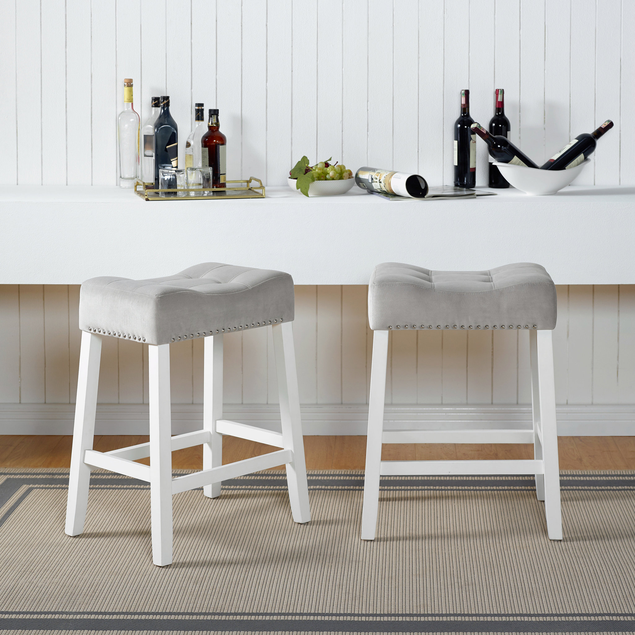 Winston Porter Set Of 2 Velvet Counter Height Stools With Tufted Saddle ...