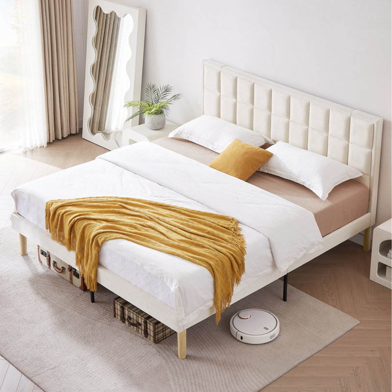 Mercer41 Torrick Bed Frame Cozy Velvet Upholstered Bed Frame with ...