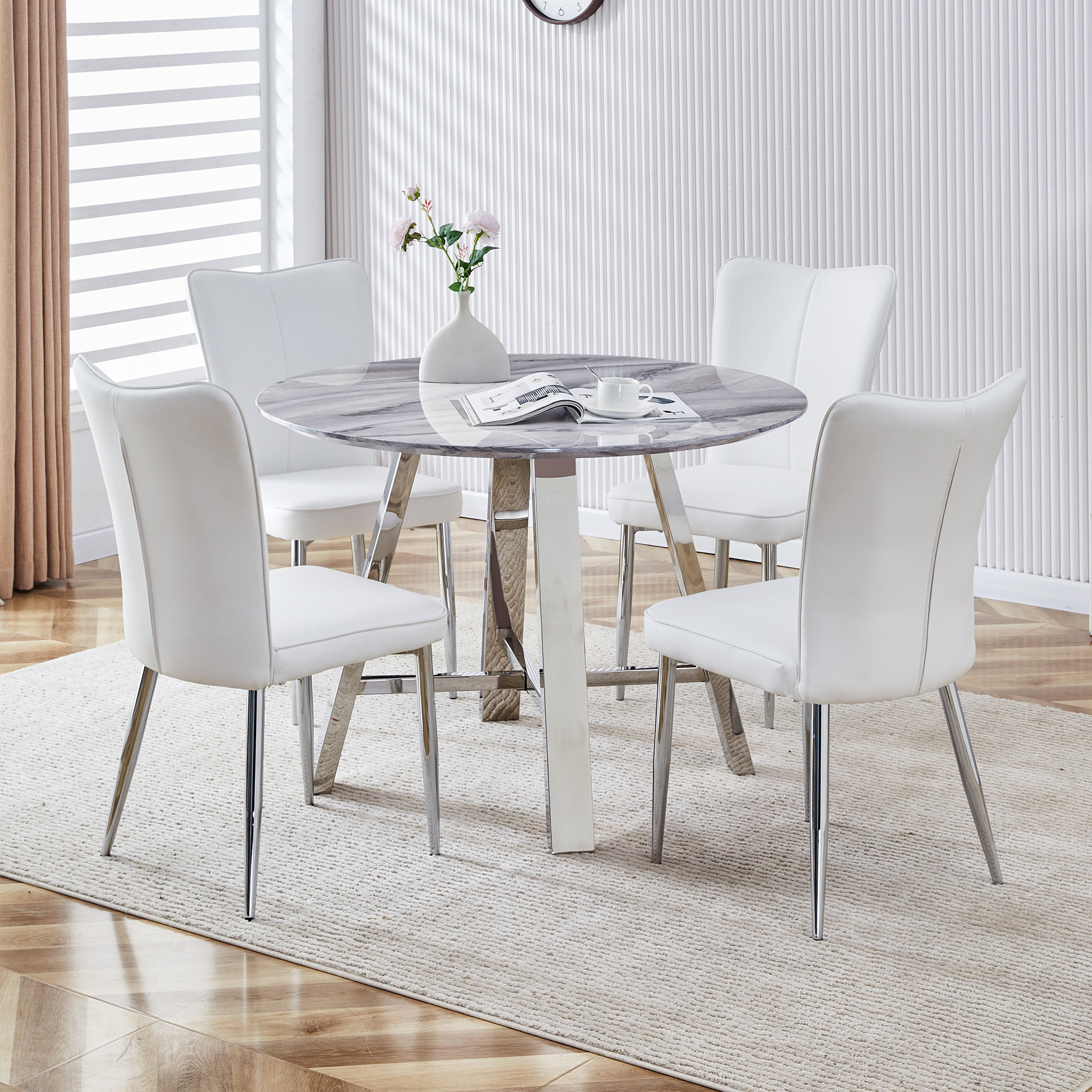 Ivy Bronx Modern 42'' Round Mdf Dining Table Set - Faux Marble Tabletop ...