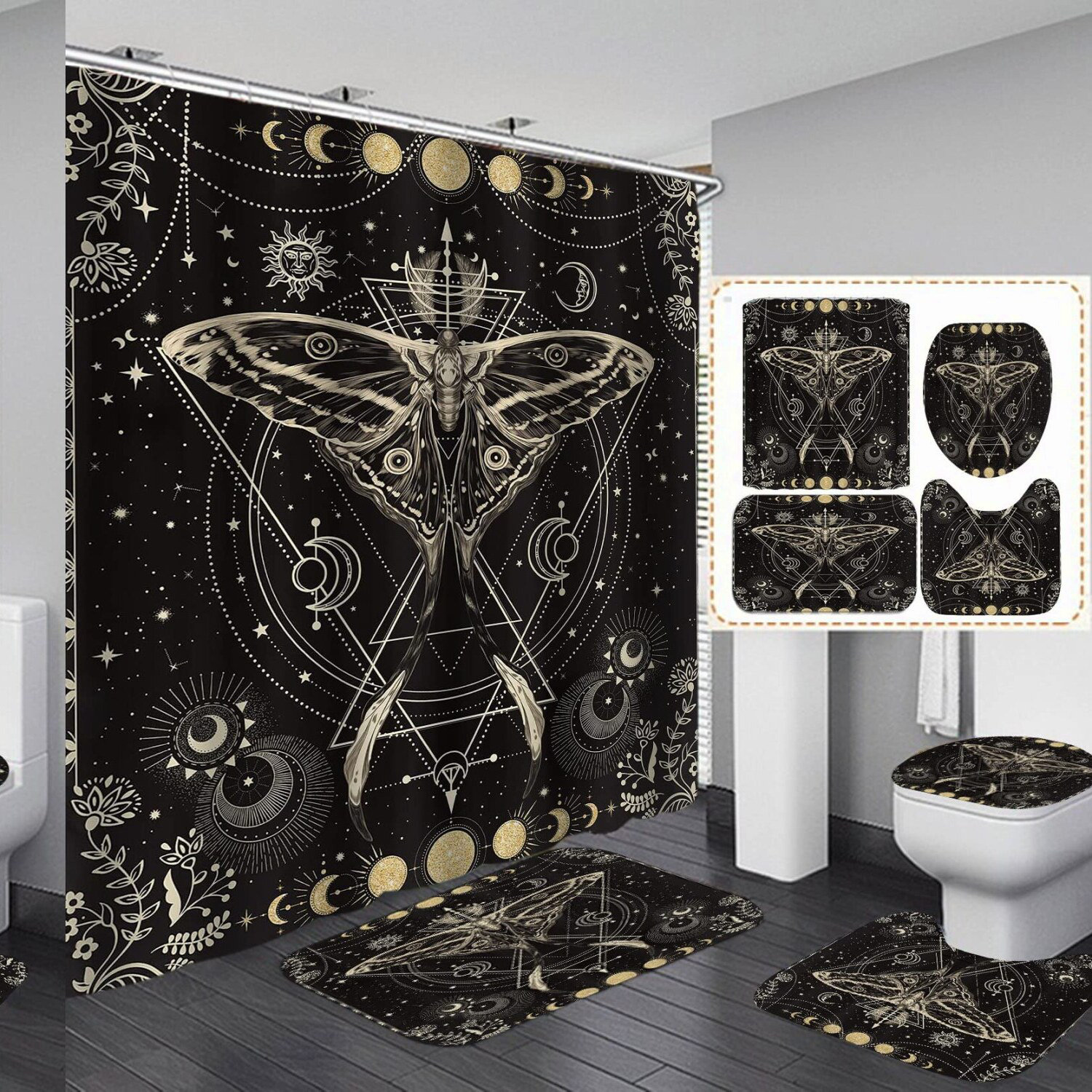 East Urban Home Celestial Gold Glitter Shower Set: Sun & Moon Phase ...