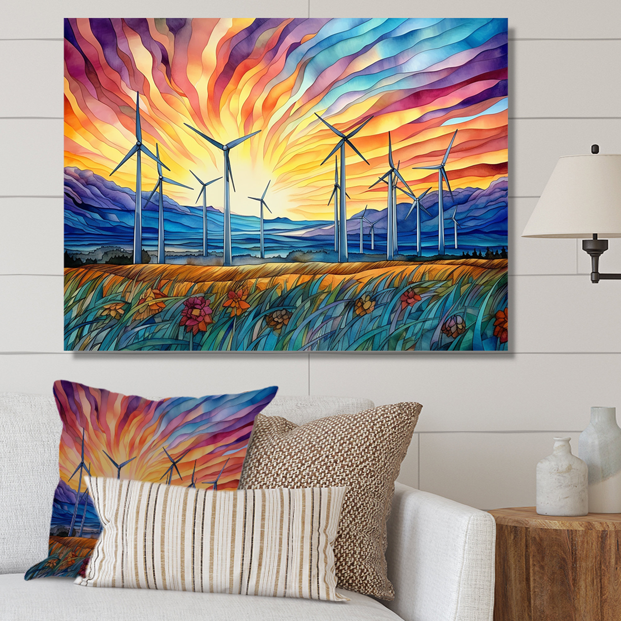 Design Art Wind Turbines Sunrise Meadow - Wind Turbines Canvas Prints ...