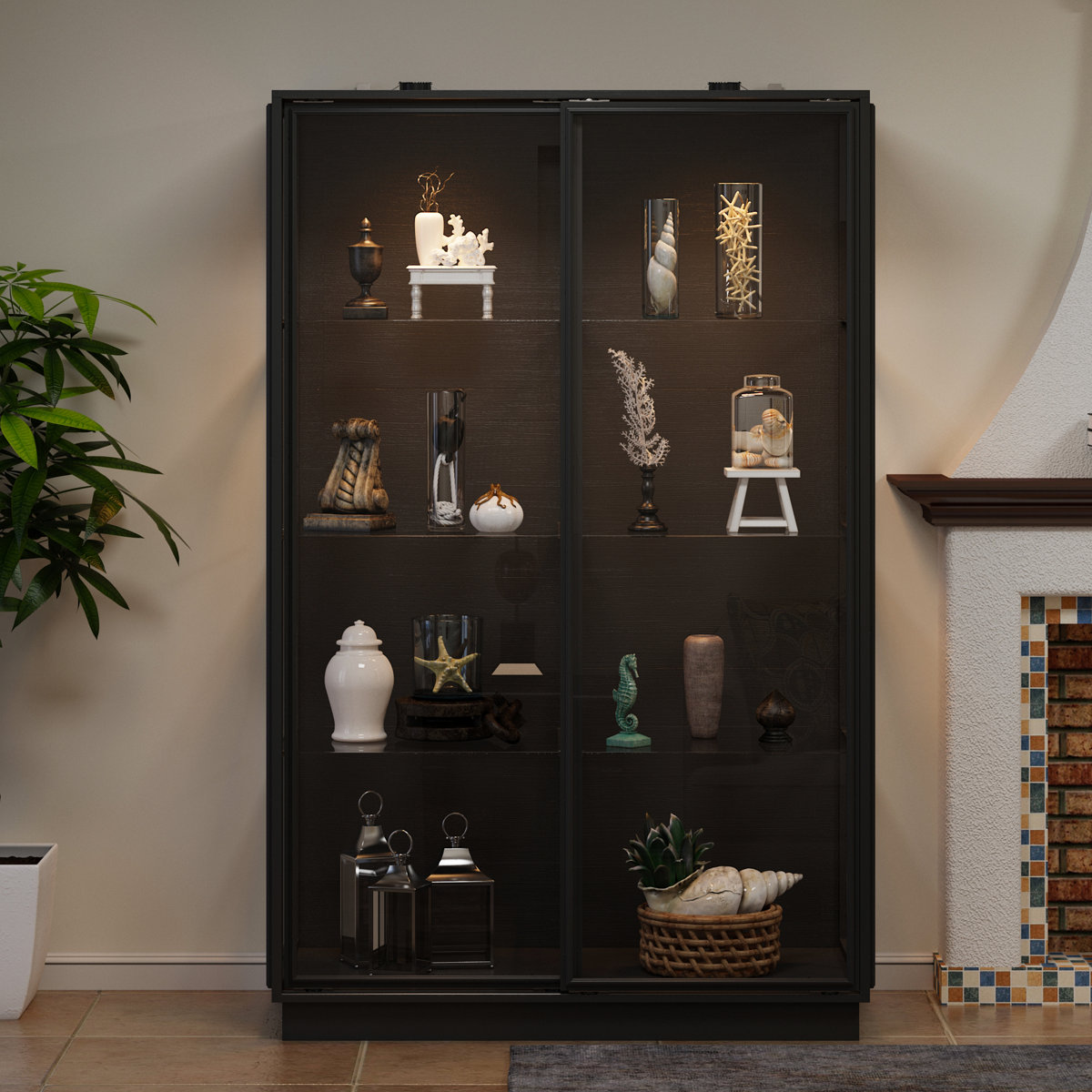 Latitude Run® 74.8" H Black Glass Sliding Door Display Cabinet With Two ...