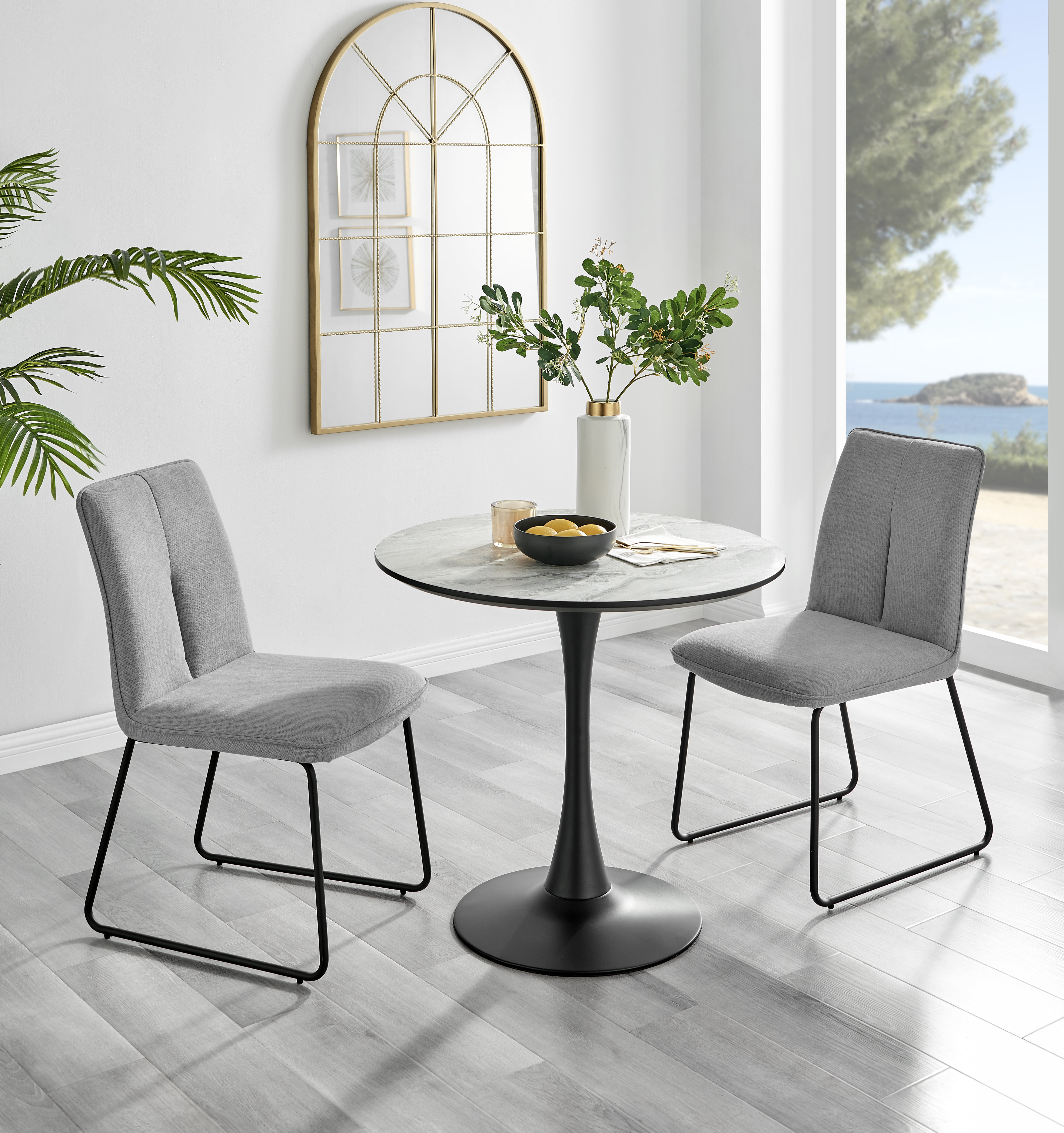 Elina White Marble Effect Melamine Round 80cm Dining Table and 2 Luxury Fabric Dining Chairs East Urban Home Chair Color Dark Gray Black Table Top C
