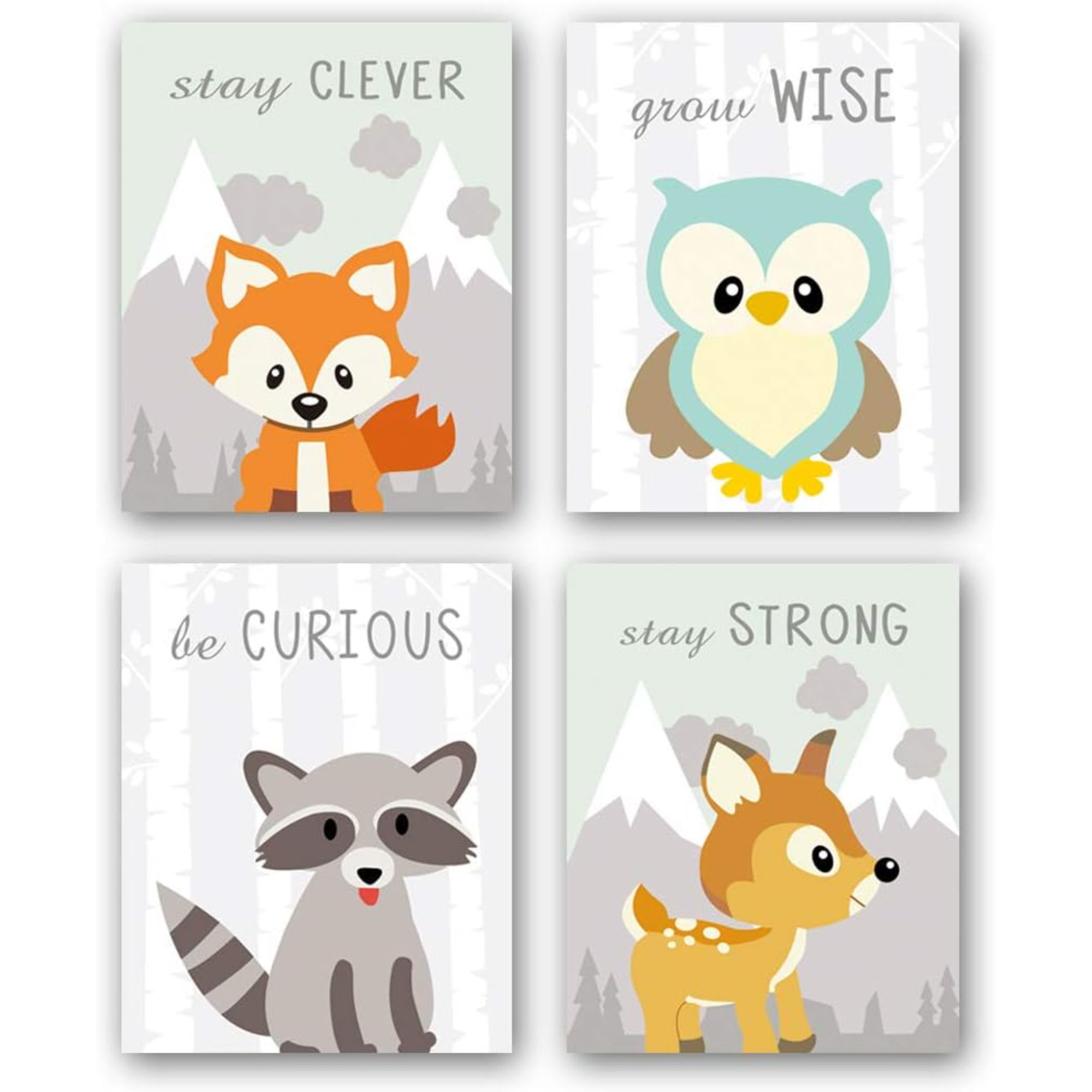 Redwood Rover Woodland Animals Art Print, Adorable Fox Owl Racoon Deer ...
