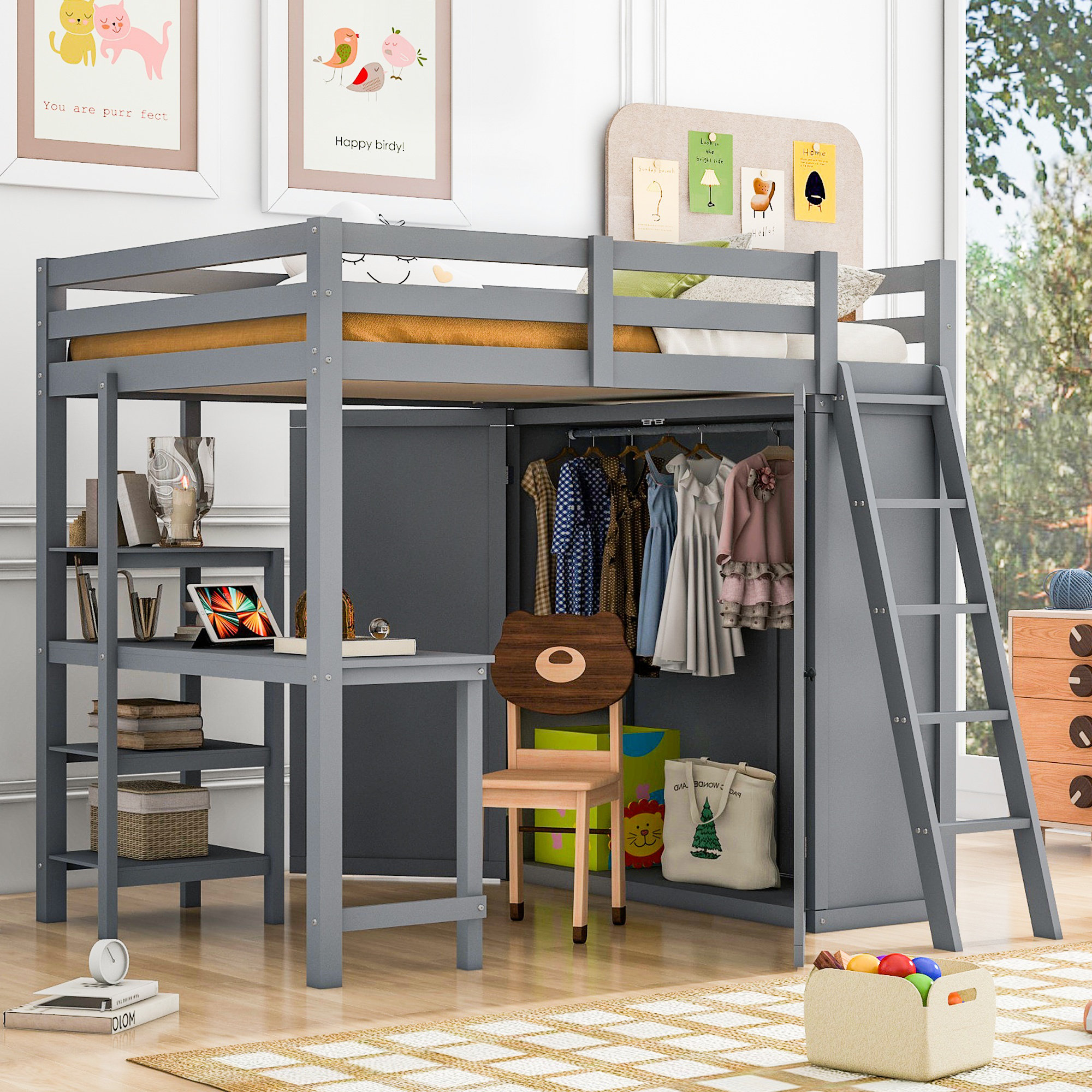 Harriet Bee Full Size Loft Bed with Wardrobe and Desk and Shelves | Wayfair