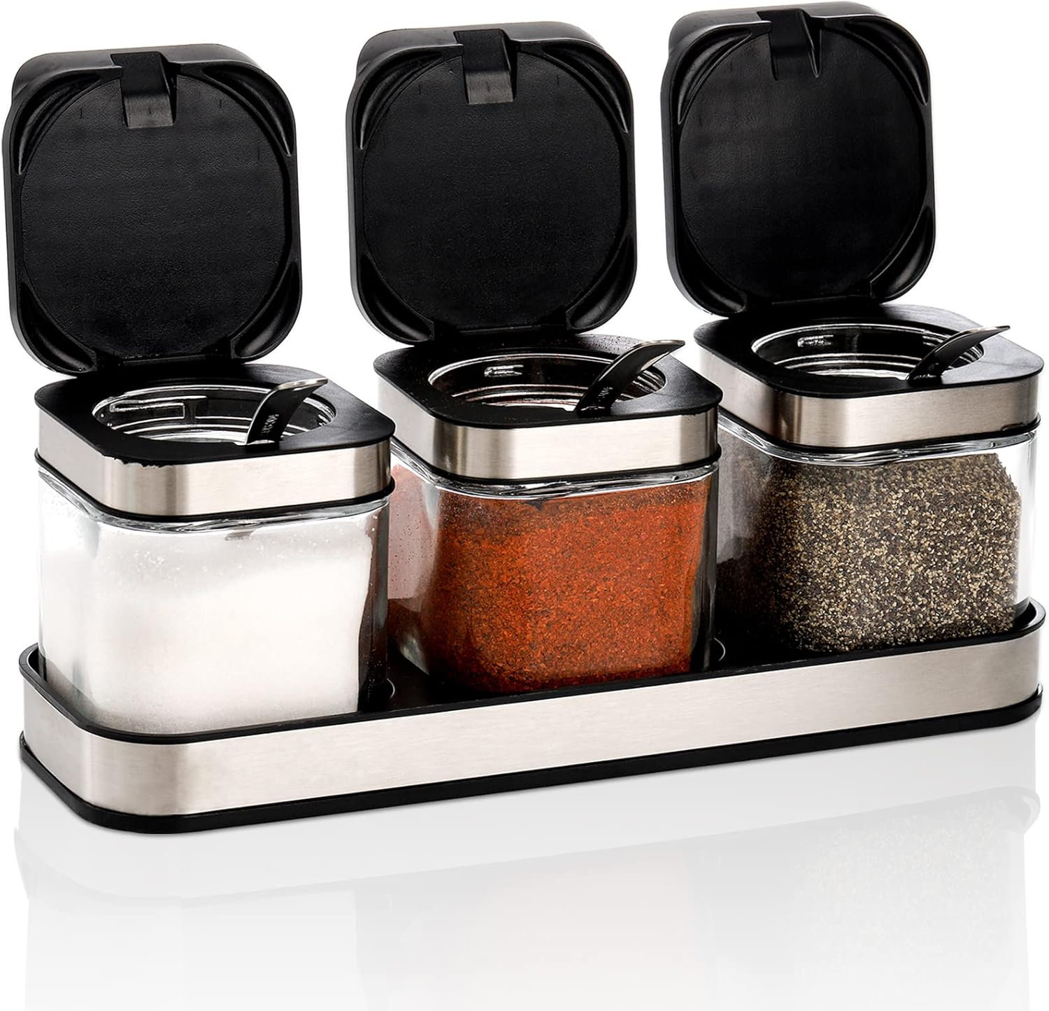 Prep & Savour 3 Pack Glass Seasoning Box With Tray, Clear Condiment ...