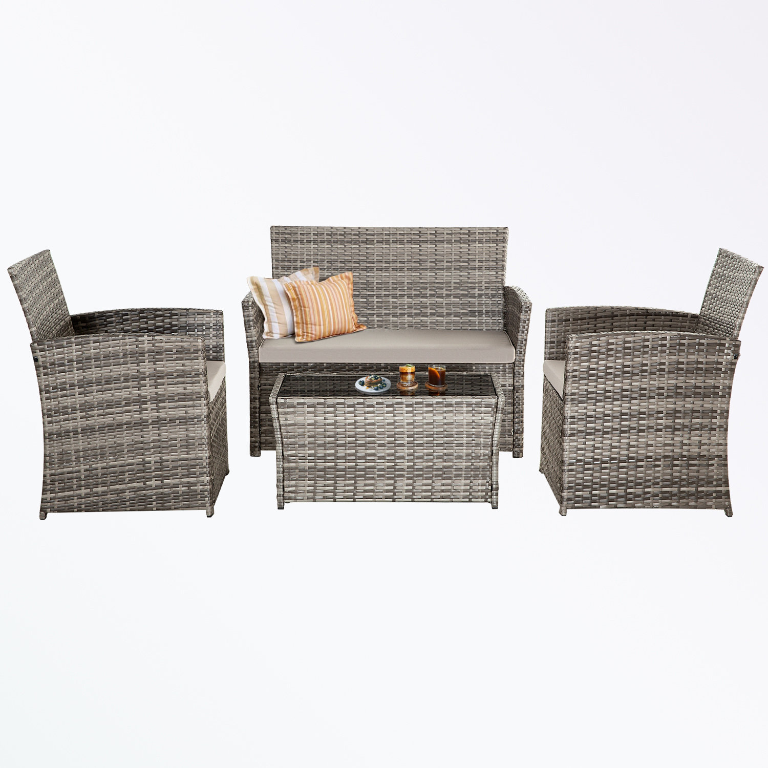 Winston Porter 4-Piece Wicker Patio Set with soft Cushions and coffee ...