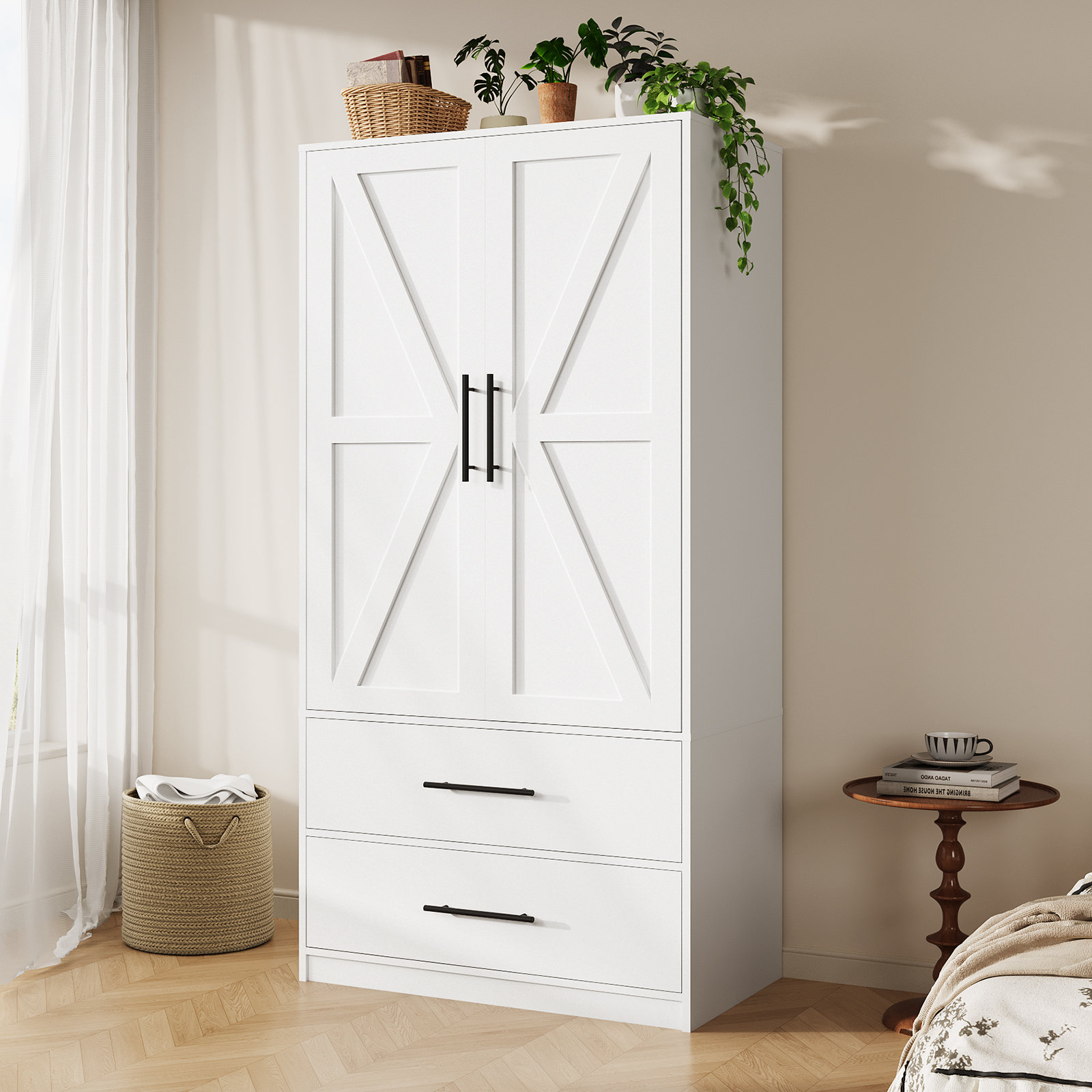 Gracie Oaks Wardrobe With Hanging Rod, 2-drawer Storage Cabinet ...