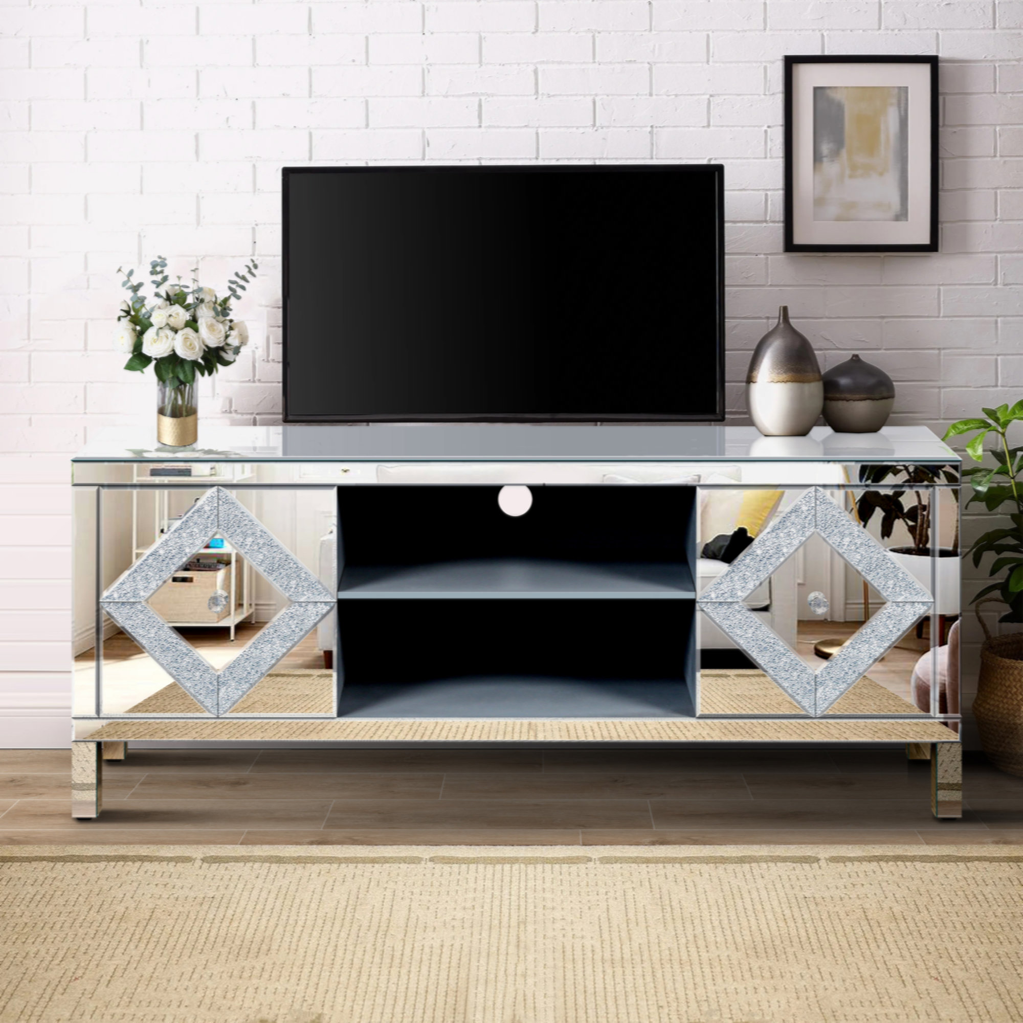 Mercer41 Mirrored TV Stand For 65+ Inch TV,Sliver TV Console Table With ...