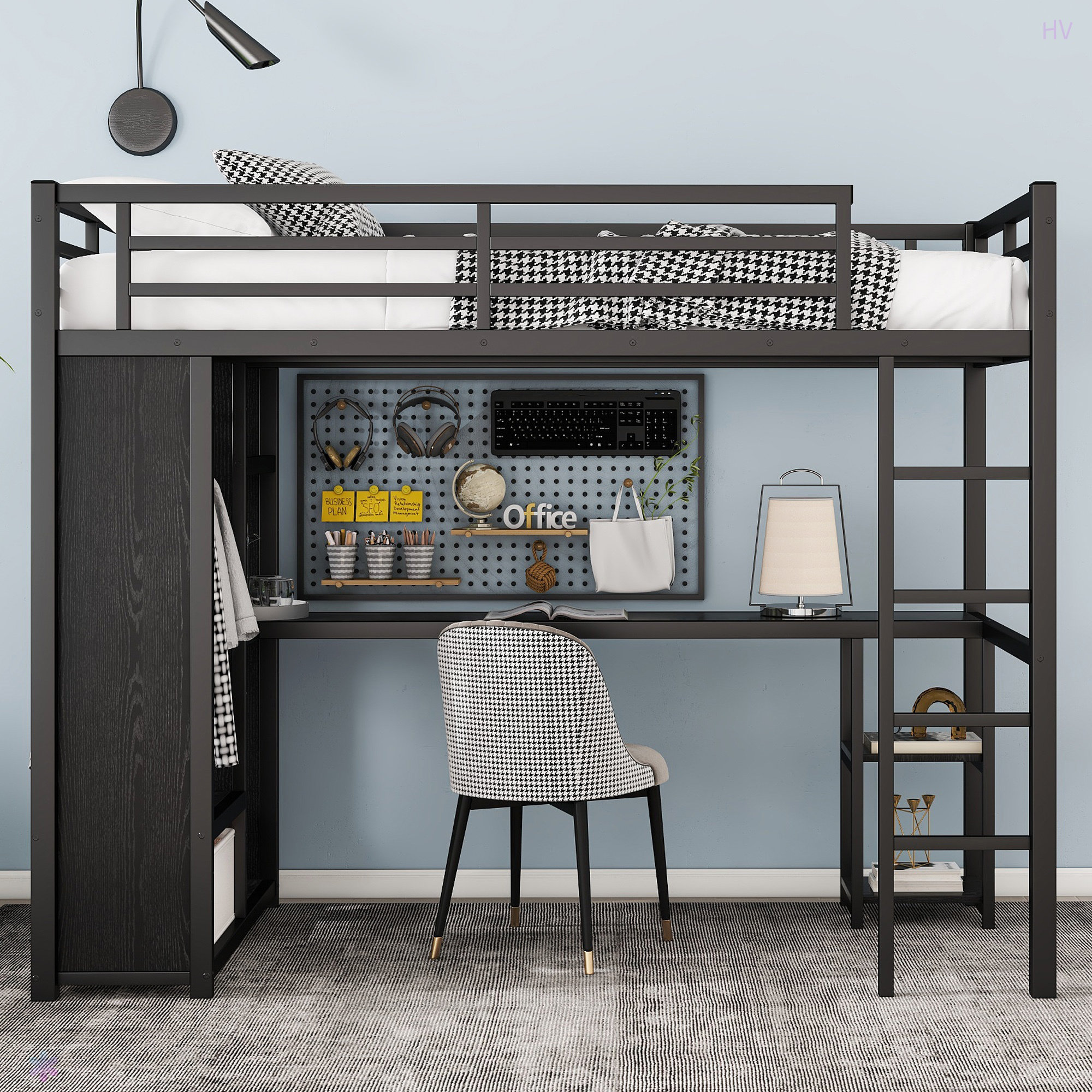 Isabelle & Max™ Loft Bed Frame With Built-In Wardrobe, Metal Loft Bed ...