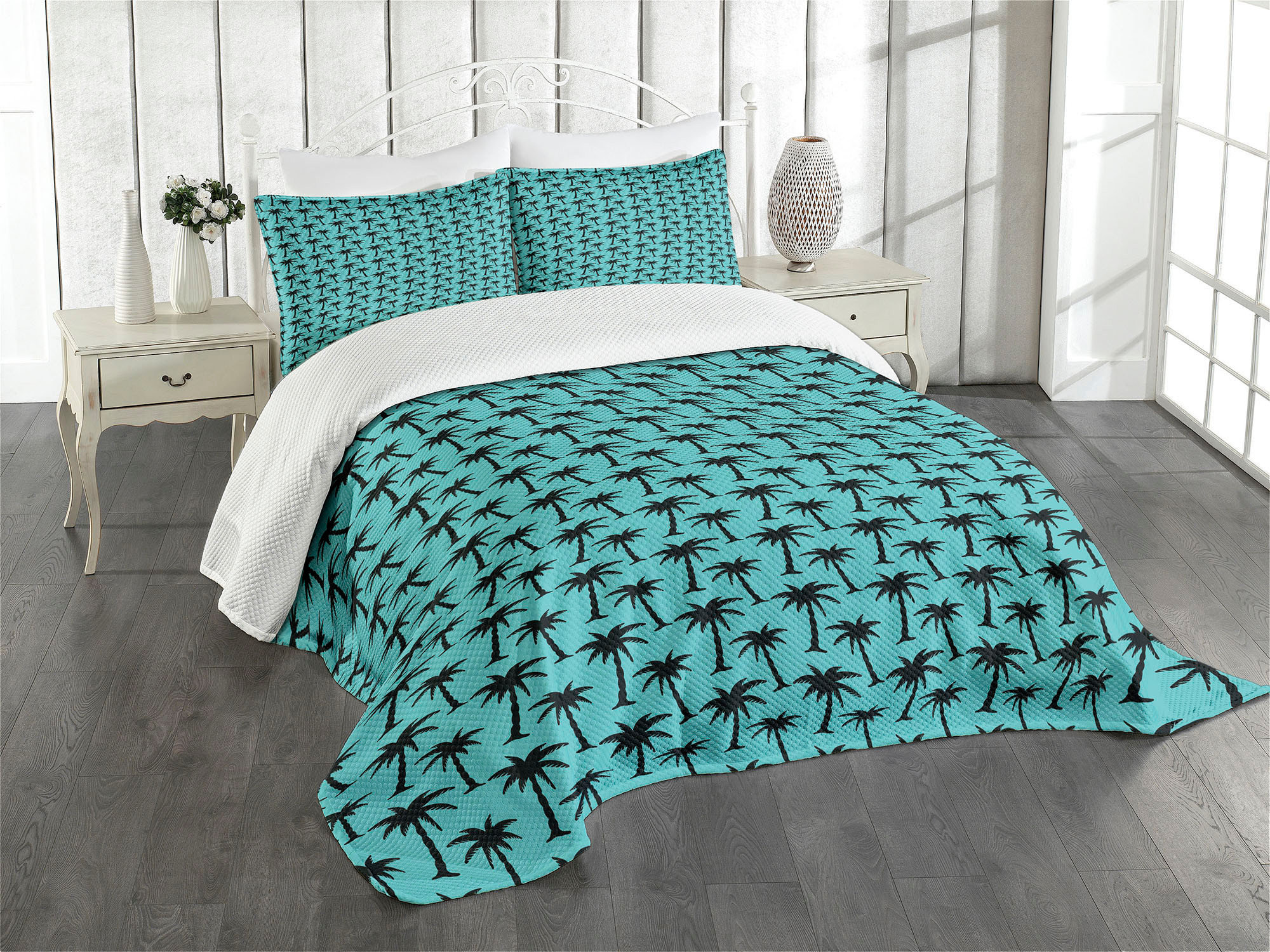 Ambesonne Palm Tree Bedspread Set Silhouettes on Blue Turquoise Black ...