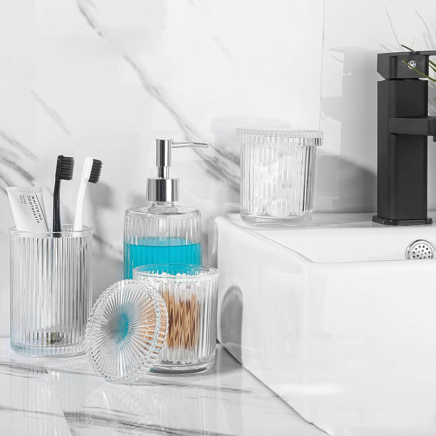 Orren Ellis 4 Pack Glass Bath Accessory Sets Complete, Modern Bathroom ...