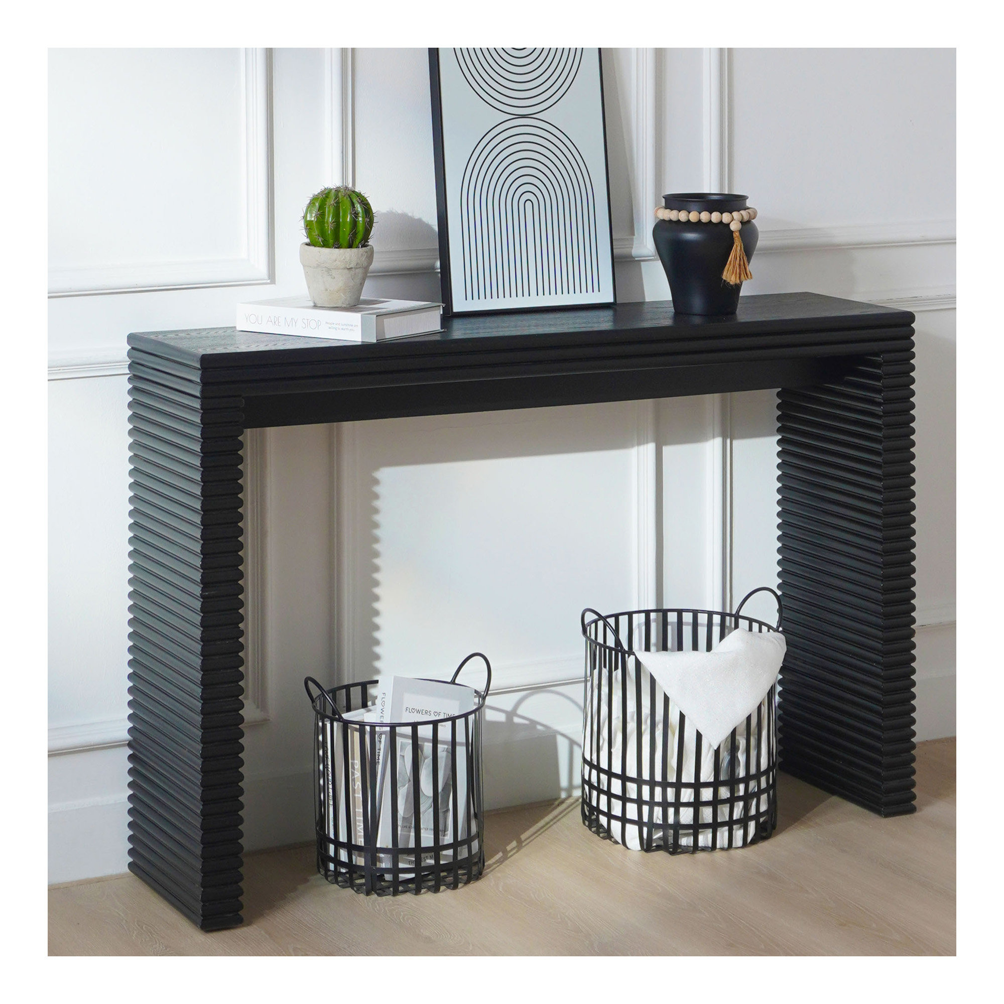 Orren Ellis Modern Black Console Table With Ribbed Design,Wood Console ...