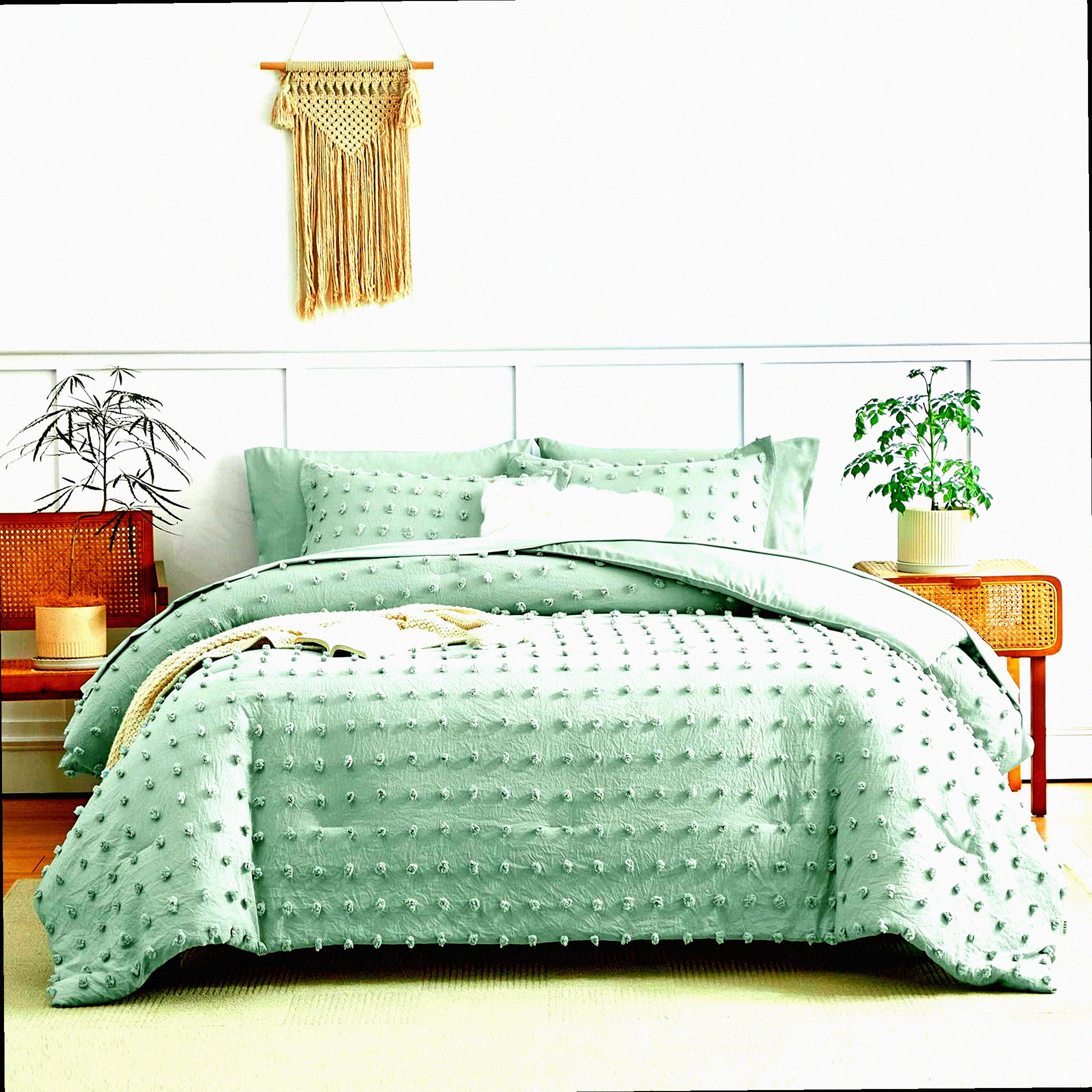 BRBCA Green Dots Jacquard Tufted Comforter Set - Shabby Elegance Boho Bed in a Bag with Pom Pom ...