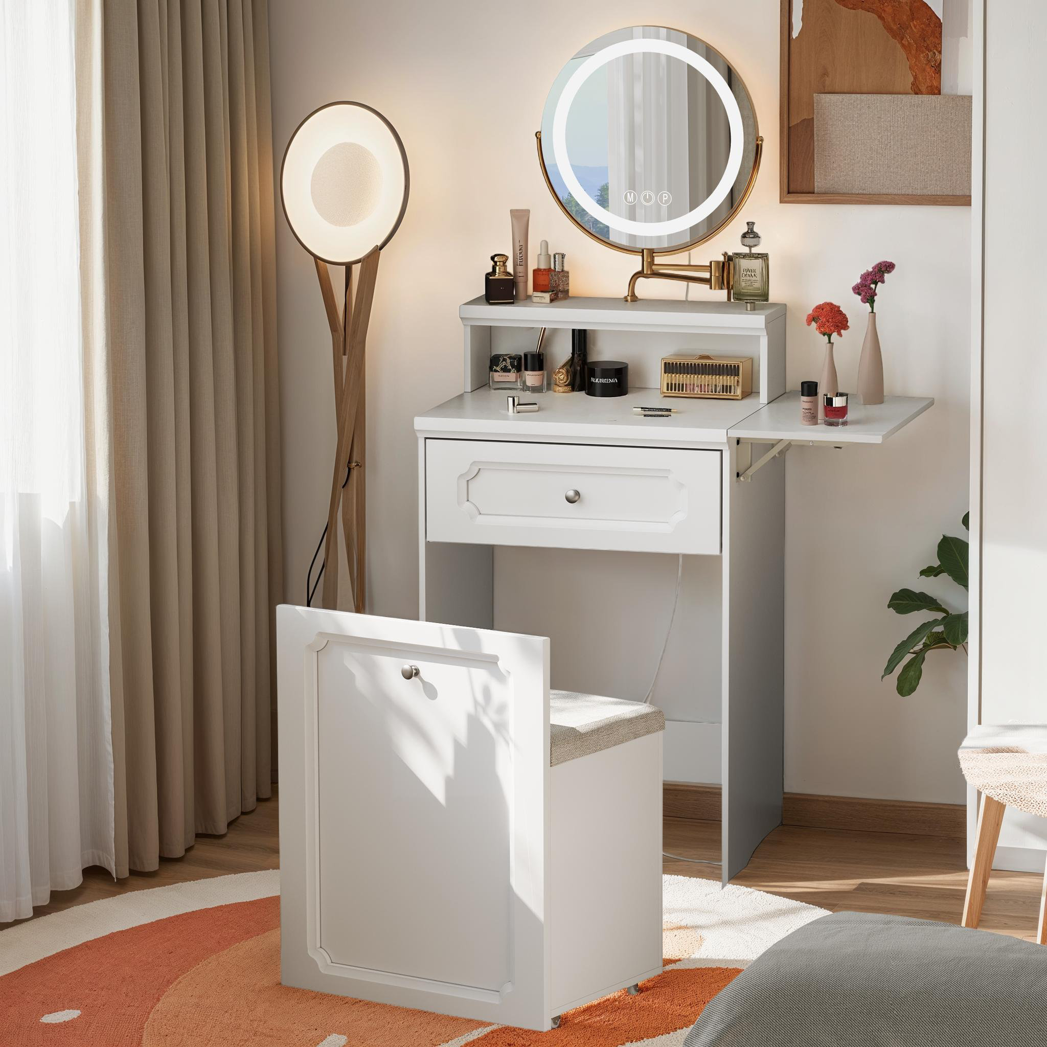 Latitude Run® White Makeup Vanity Desk Set with Round Mirror & Lights ...