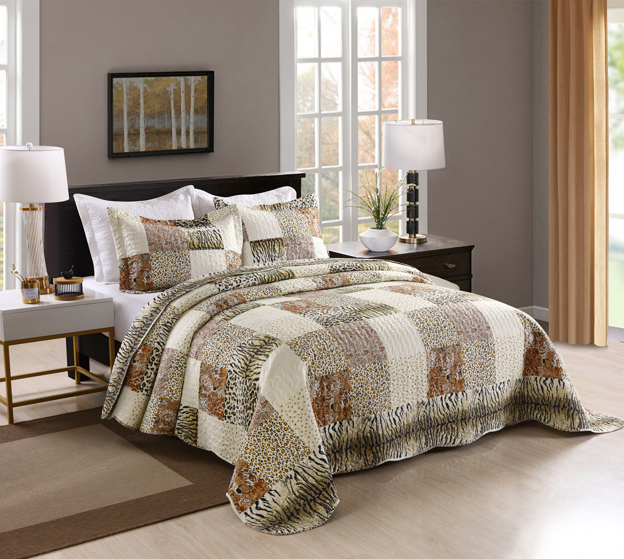 MarCielo p-leopard quilt Brown Microfiber Reversible 3 Piece Quilt Set ...