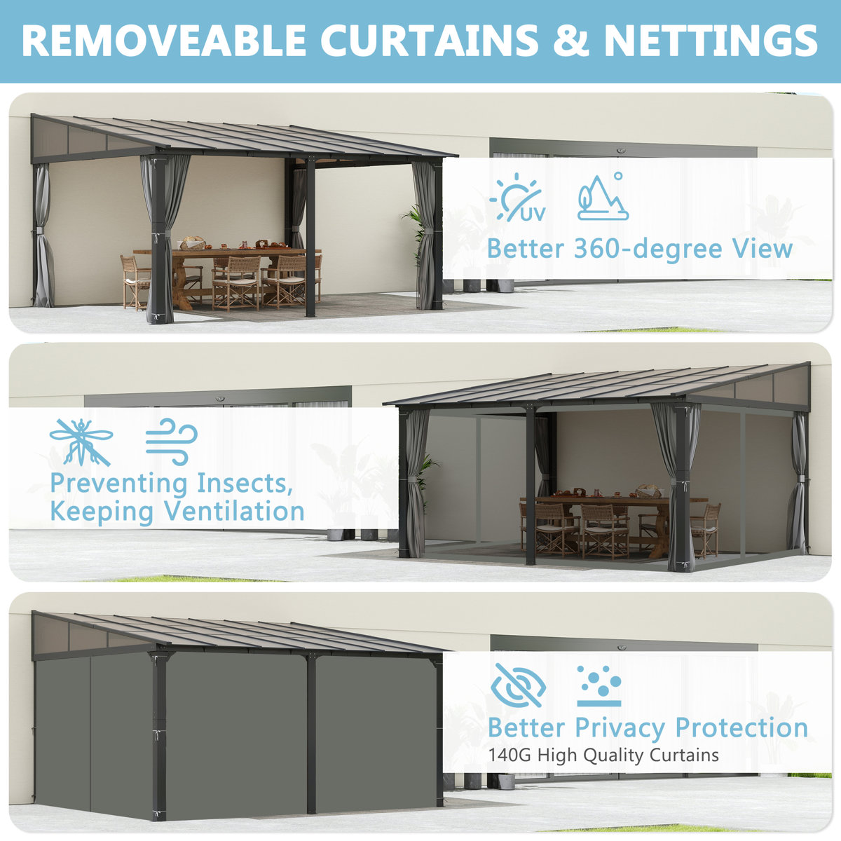 Gartoo Aluminum Wall-Mounted Gazebo,Outdoor Patio Lean-to Gazebo with ...