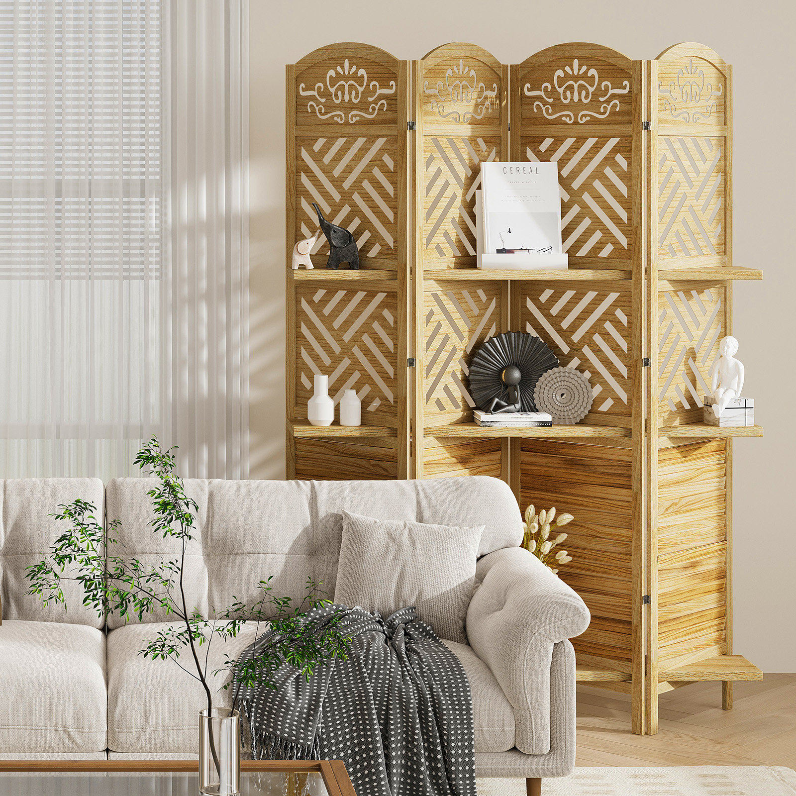Ophelia & Co. Wood Carved Room Divider with Shelves - Louvered Folding ...