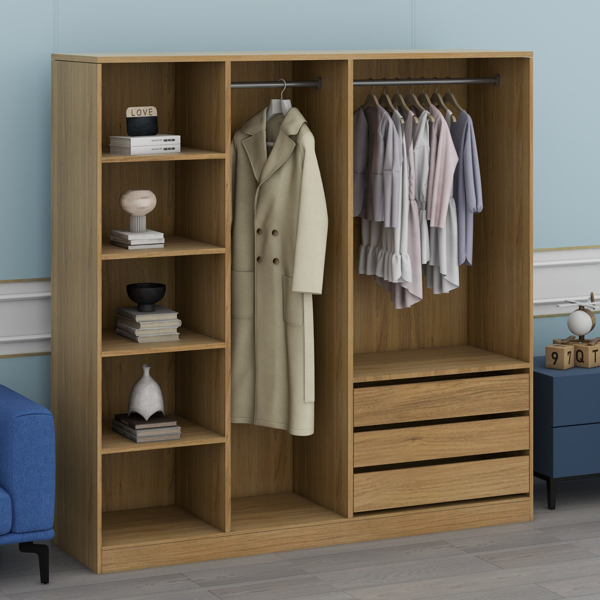 Latitude Run® Doorless Wooden Storage Wardrobe For Dedroom With Shelves ...