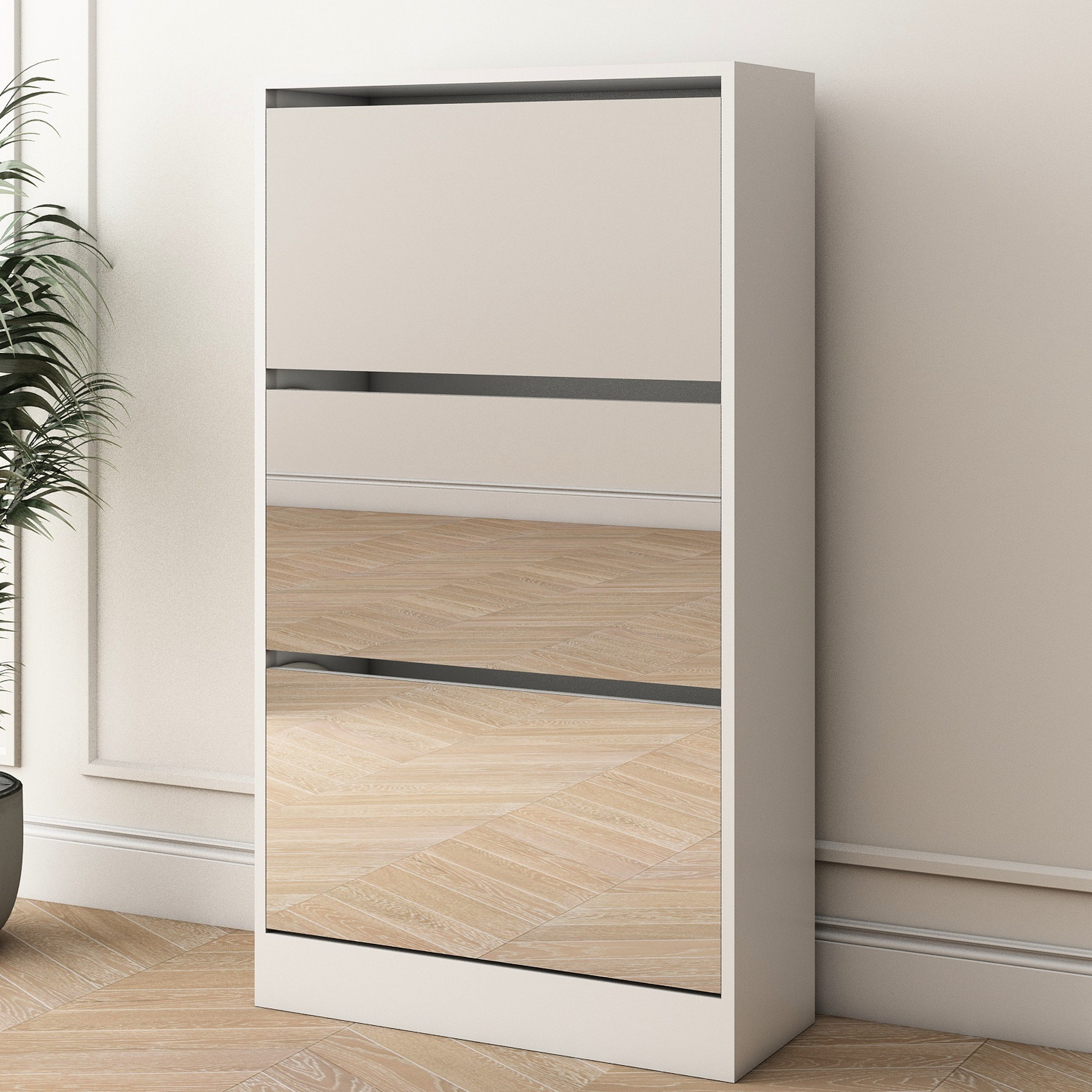 George Oliver 3 Rotating Drawers Shoe Cabinet With Mirror, Slim Wood ...