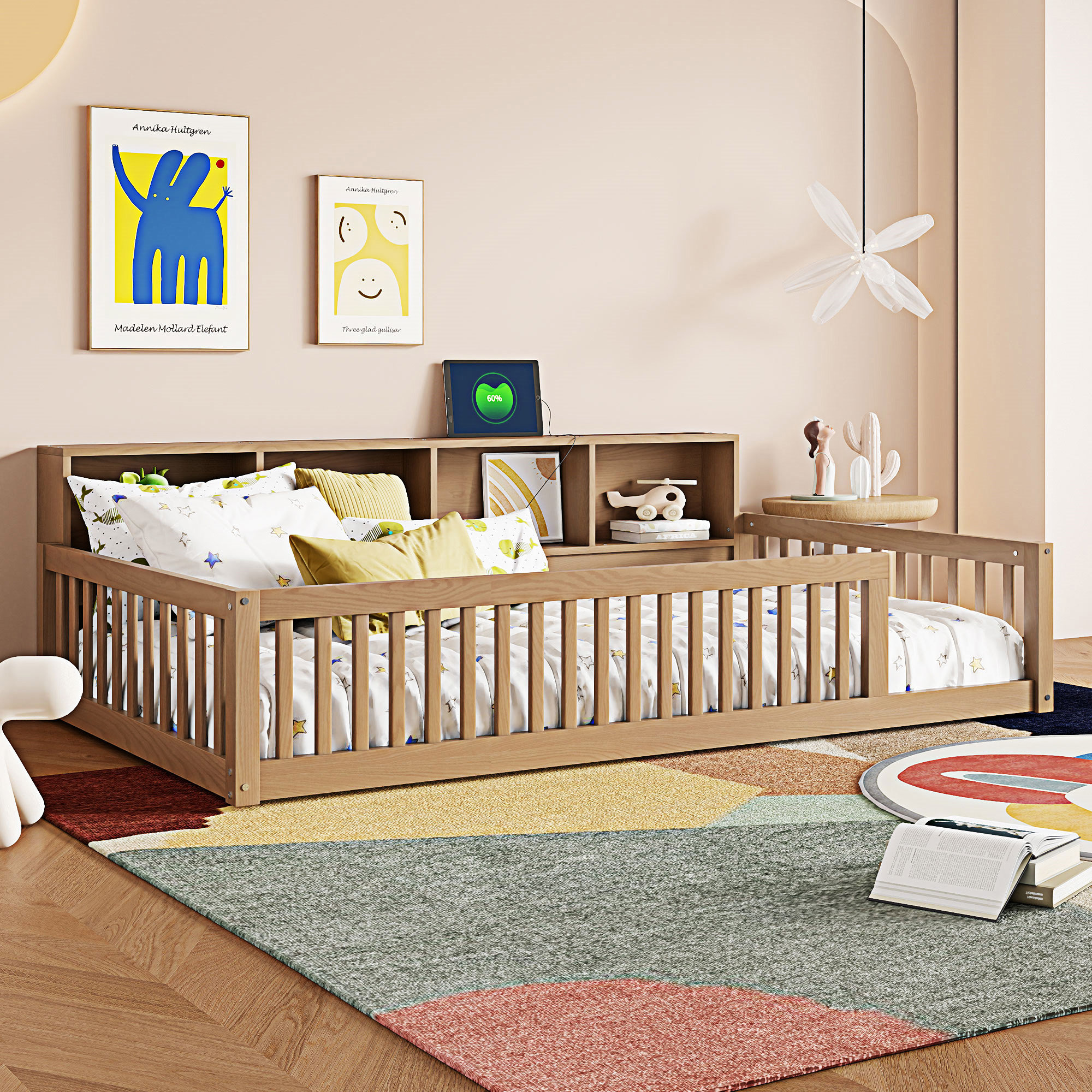 17 Stories Wood Floor Bed With Storage Cabinets And USB Ports | Wayfair