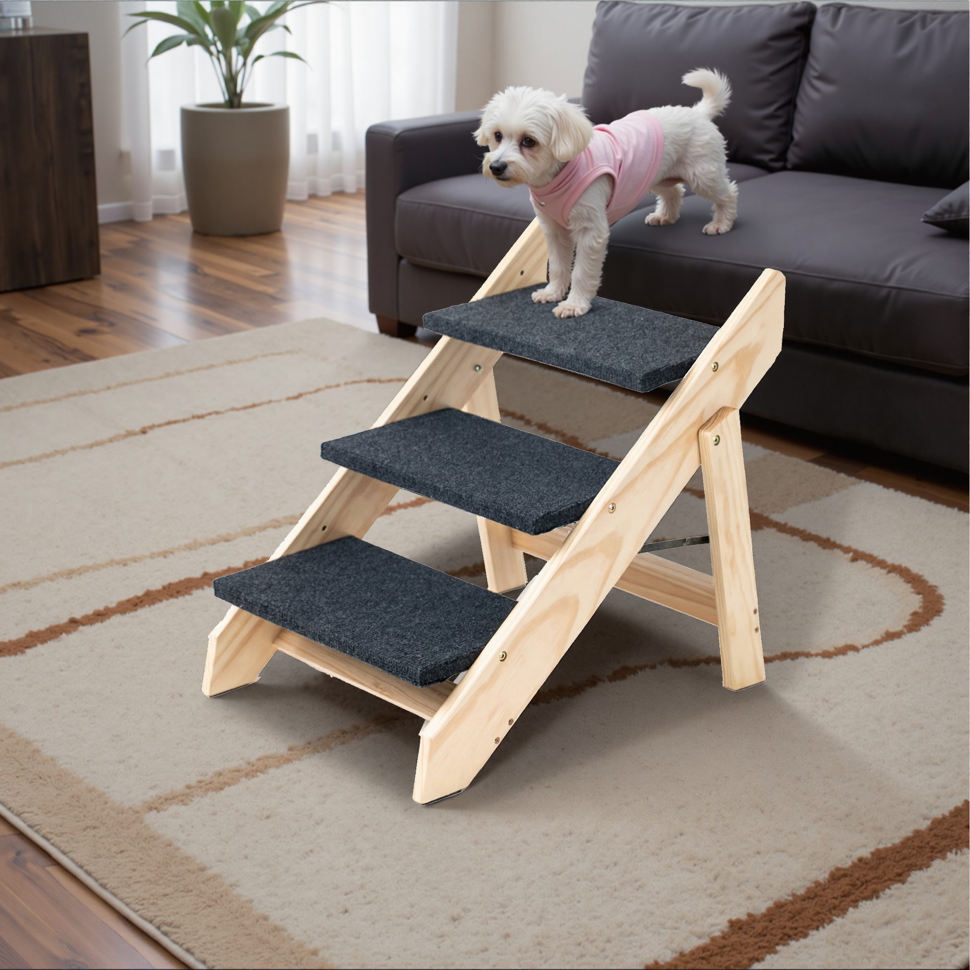 Latitude Run® Foldable Pet Stairs, Wooden Pet Ramp With Non-Slip ...