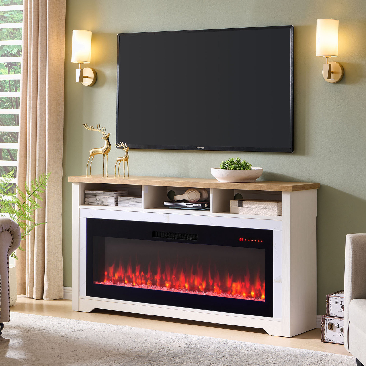Latitude Run® wooden frame TV Stand with Electric Fireplace and open ...
