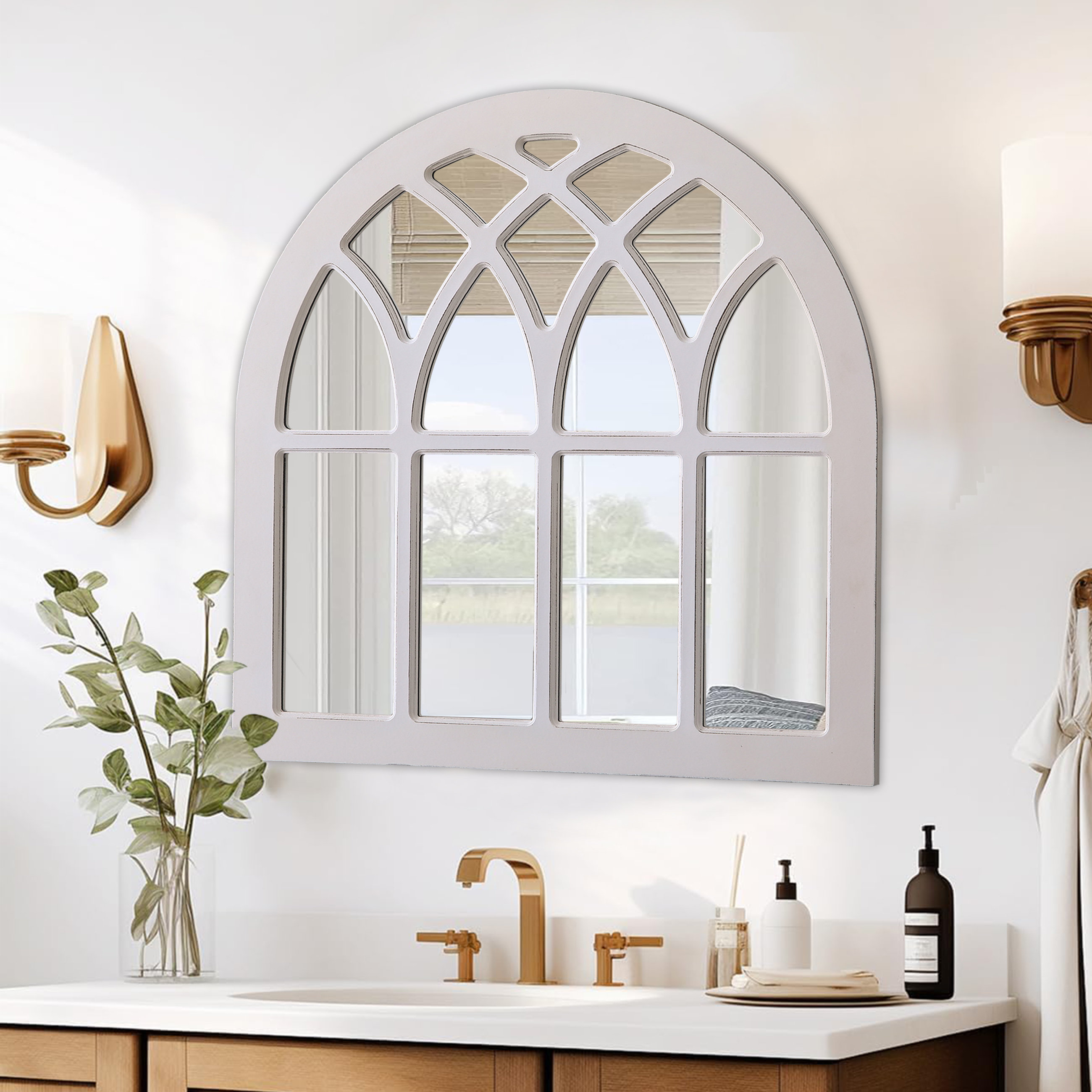 Gracie Oaks Vintage White Arched Wall Mirror, Wood Framed Window Pane ...