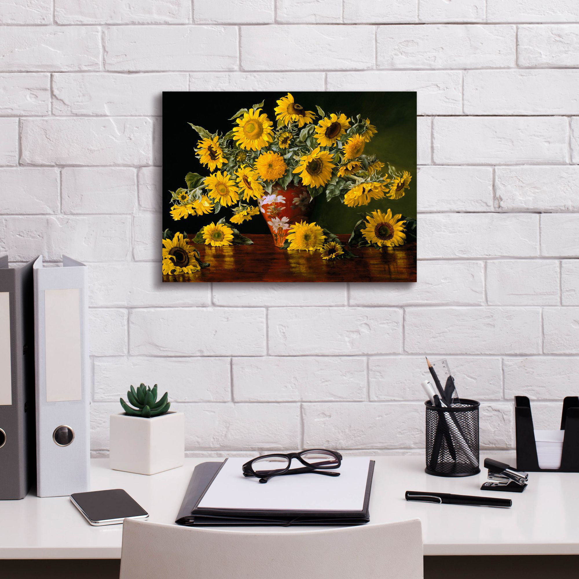Rosalind Wheeler Sunflower In A Red Chinese Vase On Canvas by ...