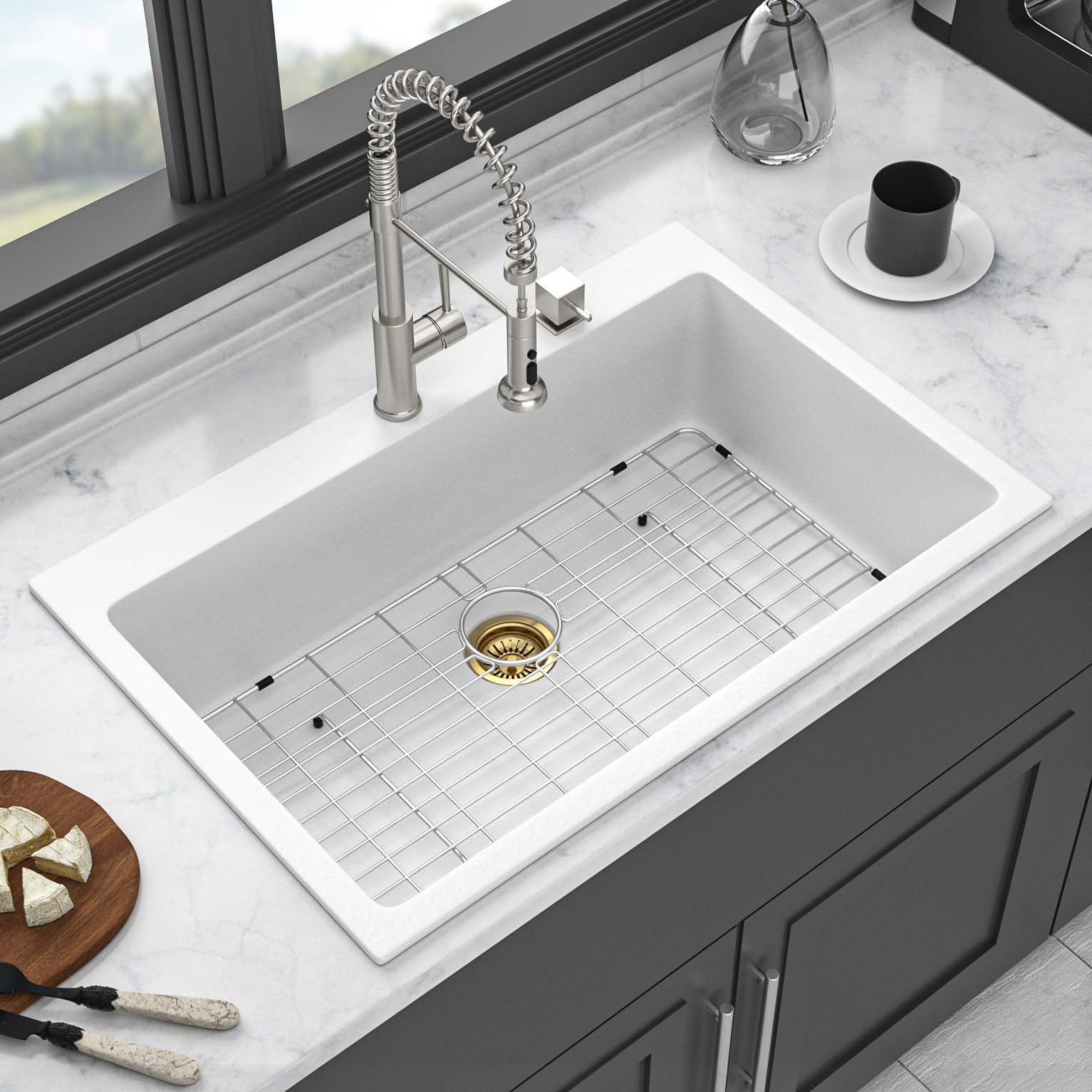 WKEMSING 33x22" White granite composite Drop-in kitchen sink - Wayfair ...