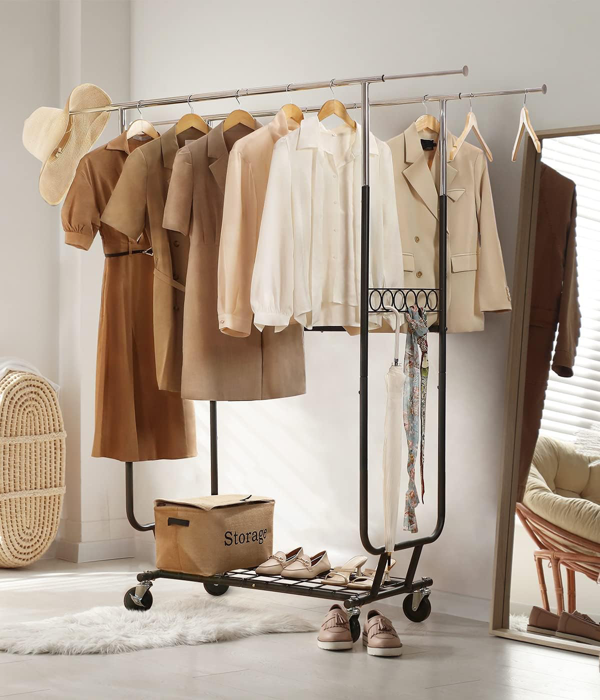 Rebrilliant Clothing Garment Rack Double Rail Heavy Duty Rolling ...