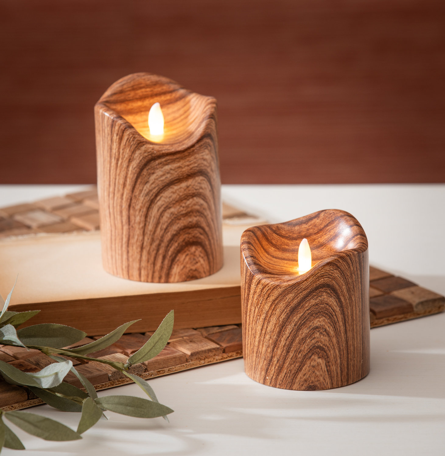 Millwood Pines 2 Piece LED Round Candle with Natural Wood Pattern | Wayfair