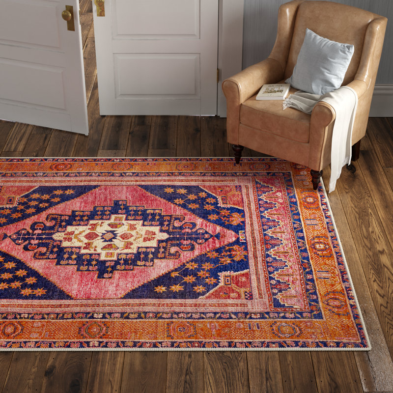 Birch Lane™ Westlake Machine Washable Oriental Dark Blue/Rose Area Rug ...