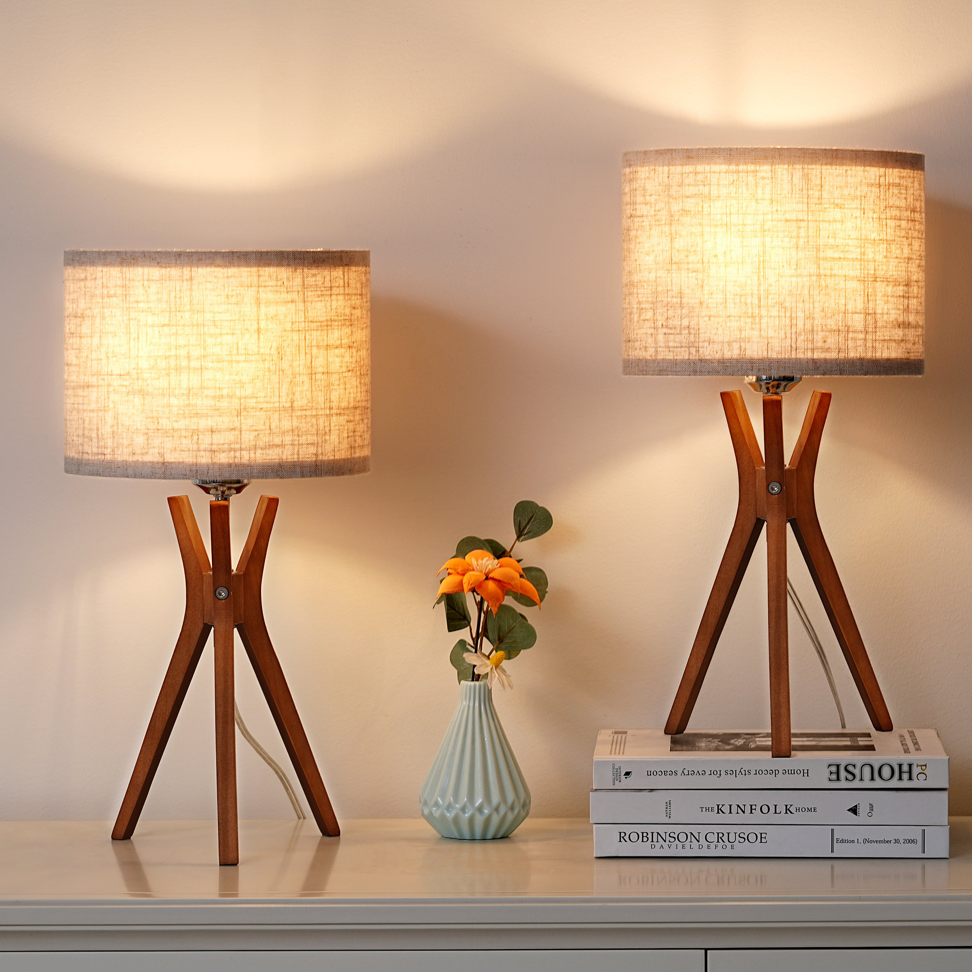 George Oliver 17.5" Modern Tripod Table Lamp With Natural Wood-colored ...