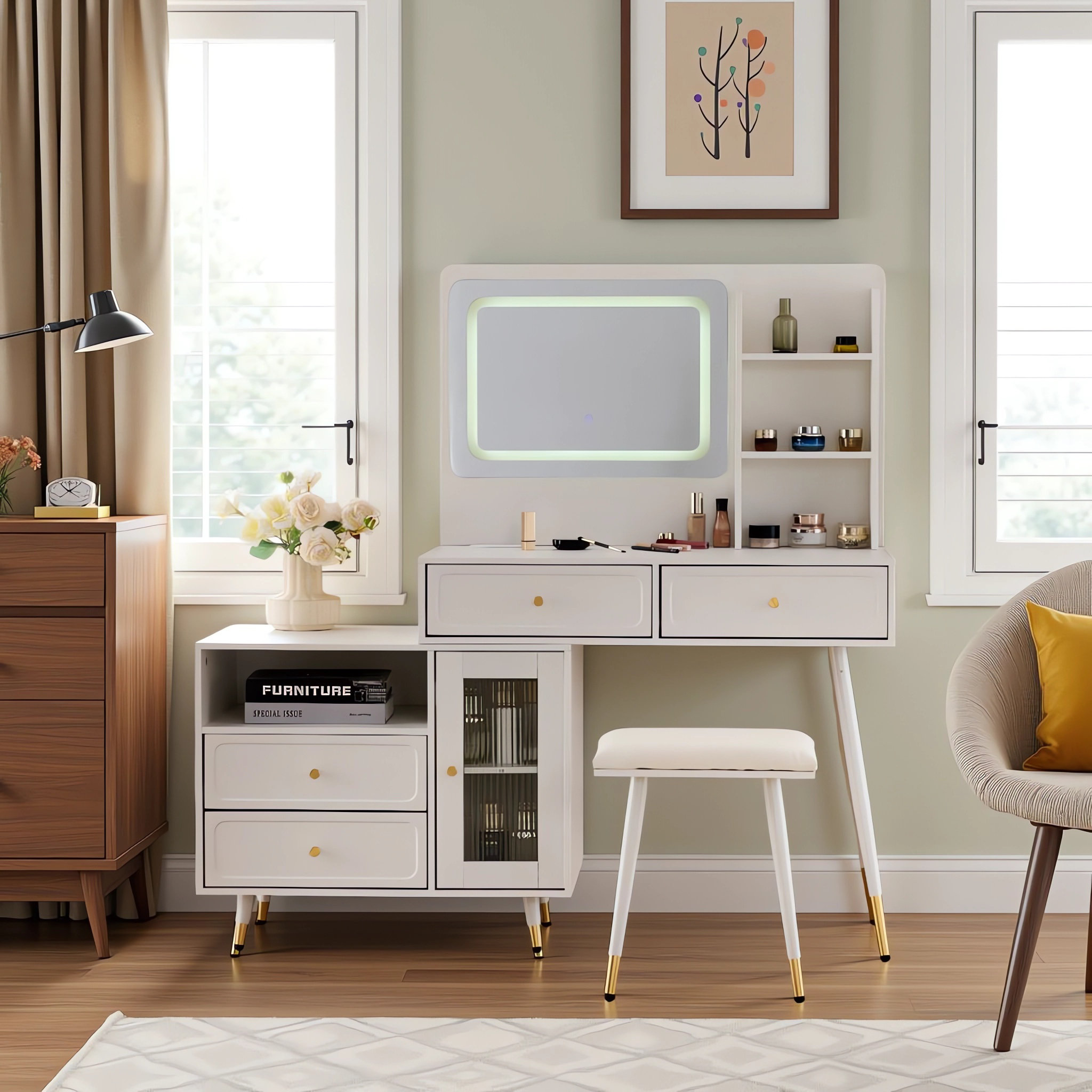 Brayden Studio® 52.3"H Modern Makeup Vanity Set With Upholstered Stool ...